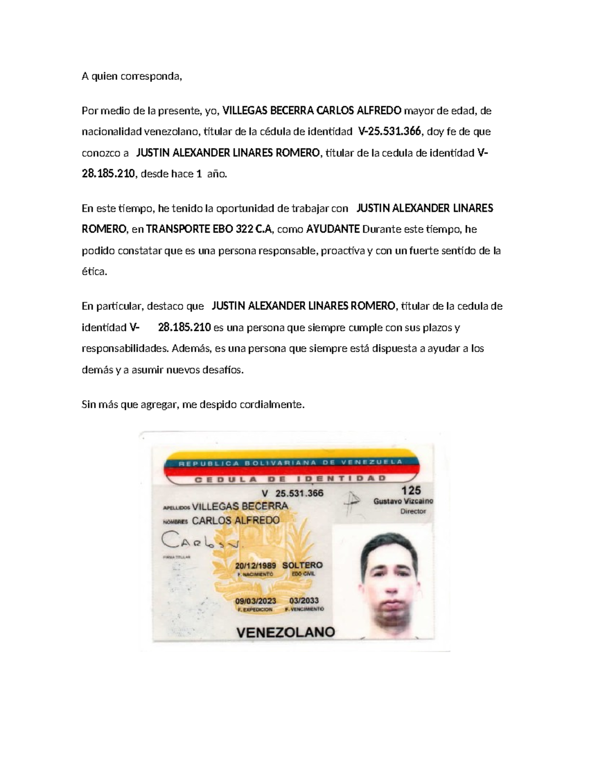 Justin Linares - referencias personales - A quien corresponda, Por ...