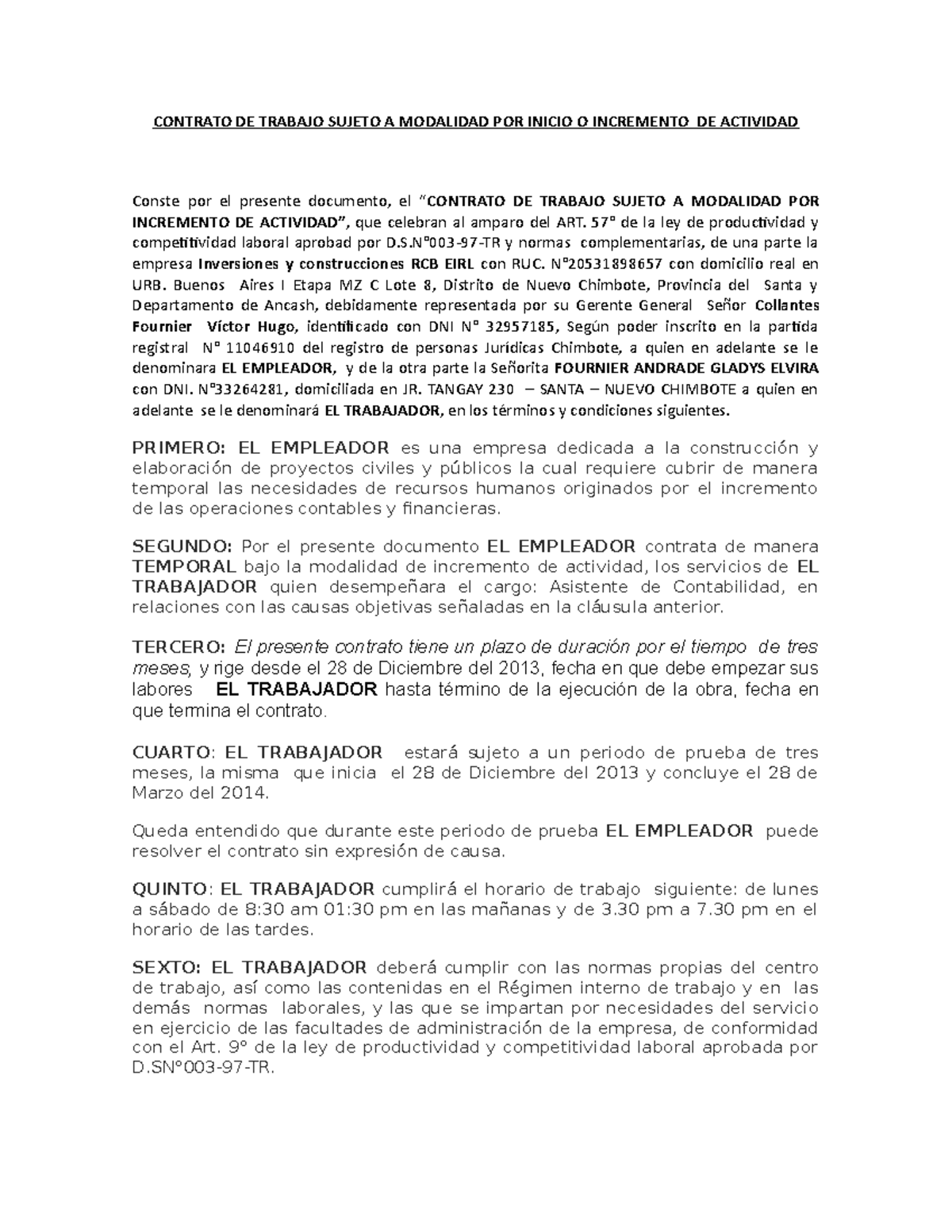 Contrato Gladys-plazo determinado - CONTRATO DE TRABAJO SUJETO A MODALIDAD POR INICIO O ...