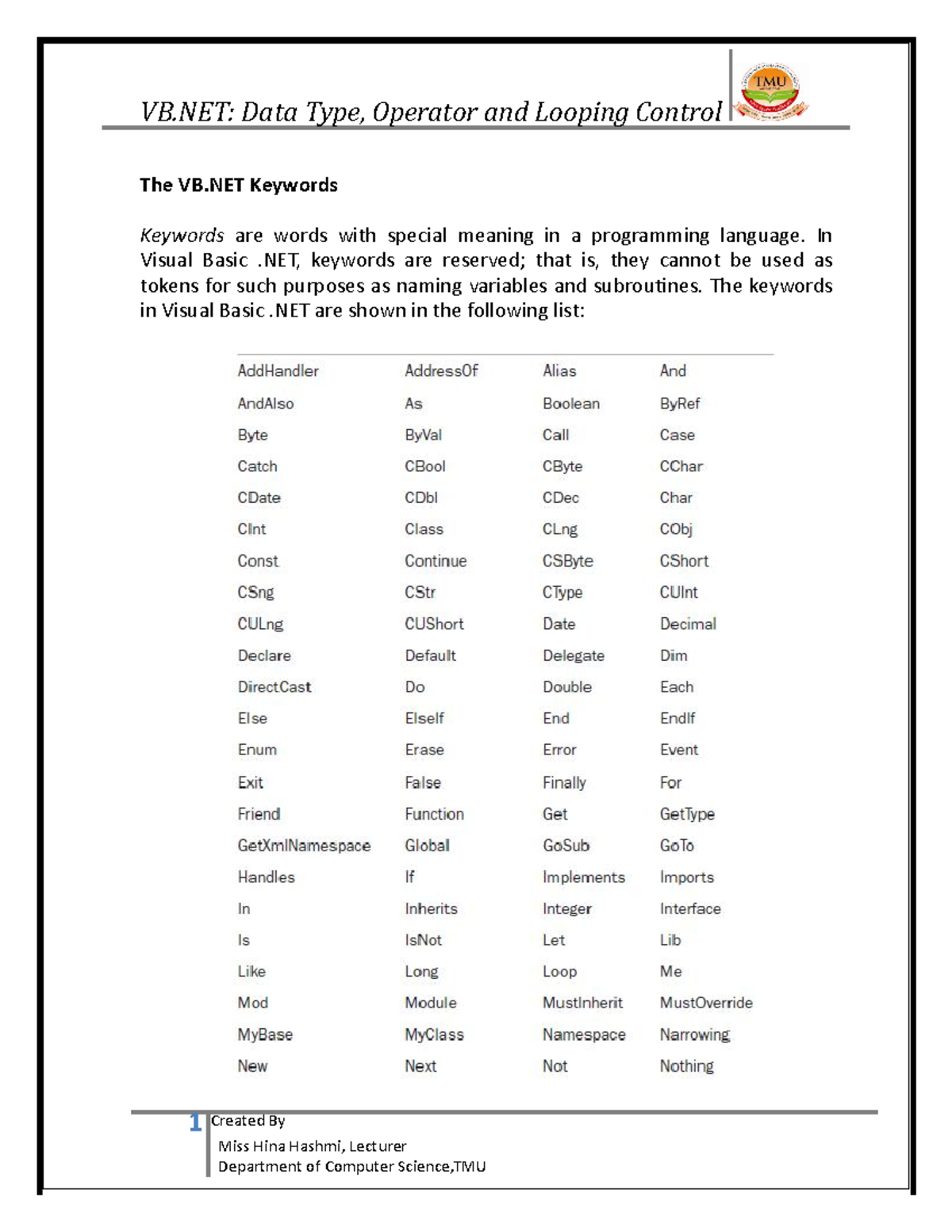 VB - dvvdvv - VB: Data Type, Operator and Looping Control The VB ...