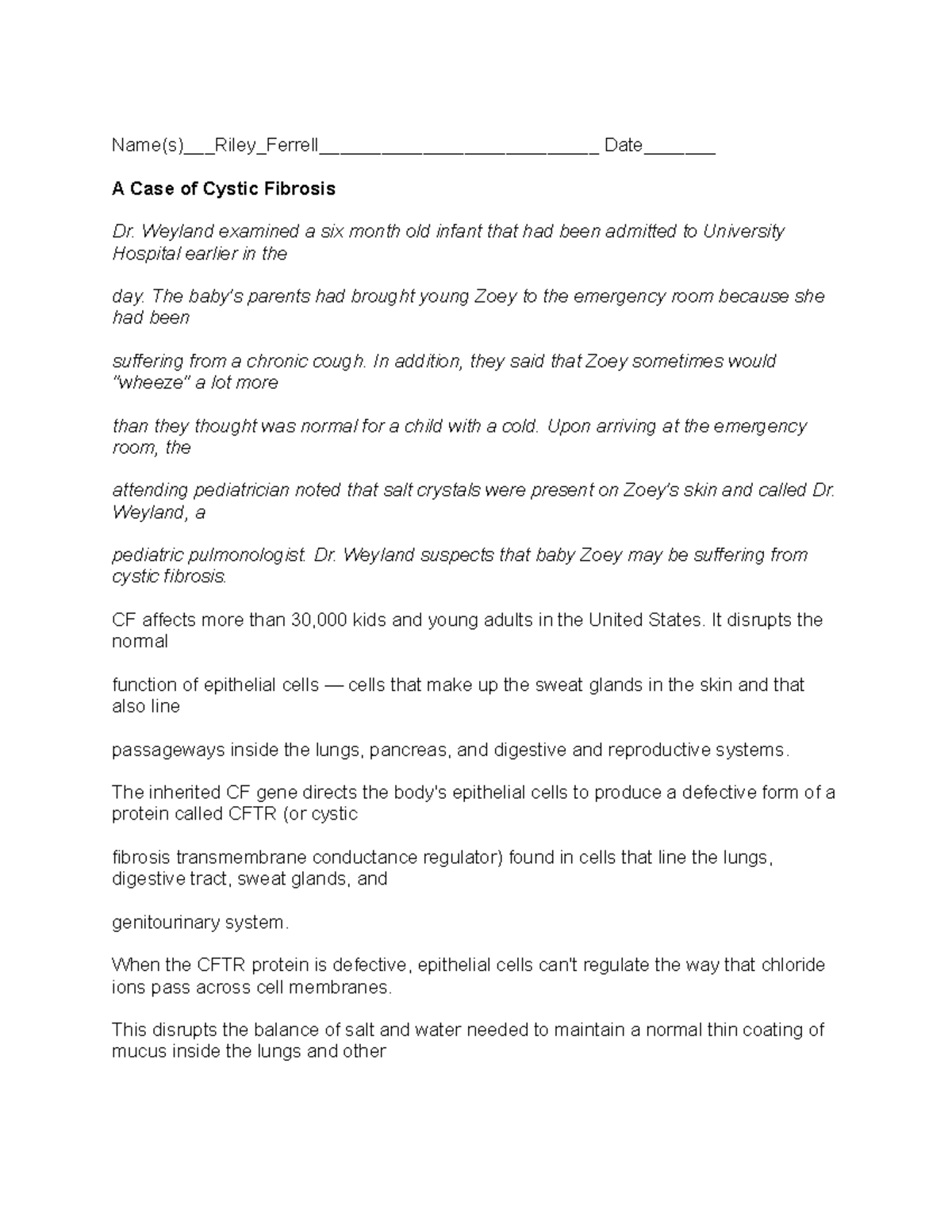 Ap bio case study 1 - Name(s)Riley_Ferrell________________________ Date_______ A Case of Cystic ...