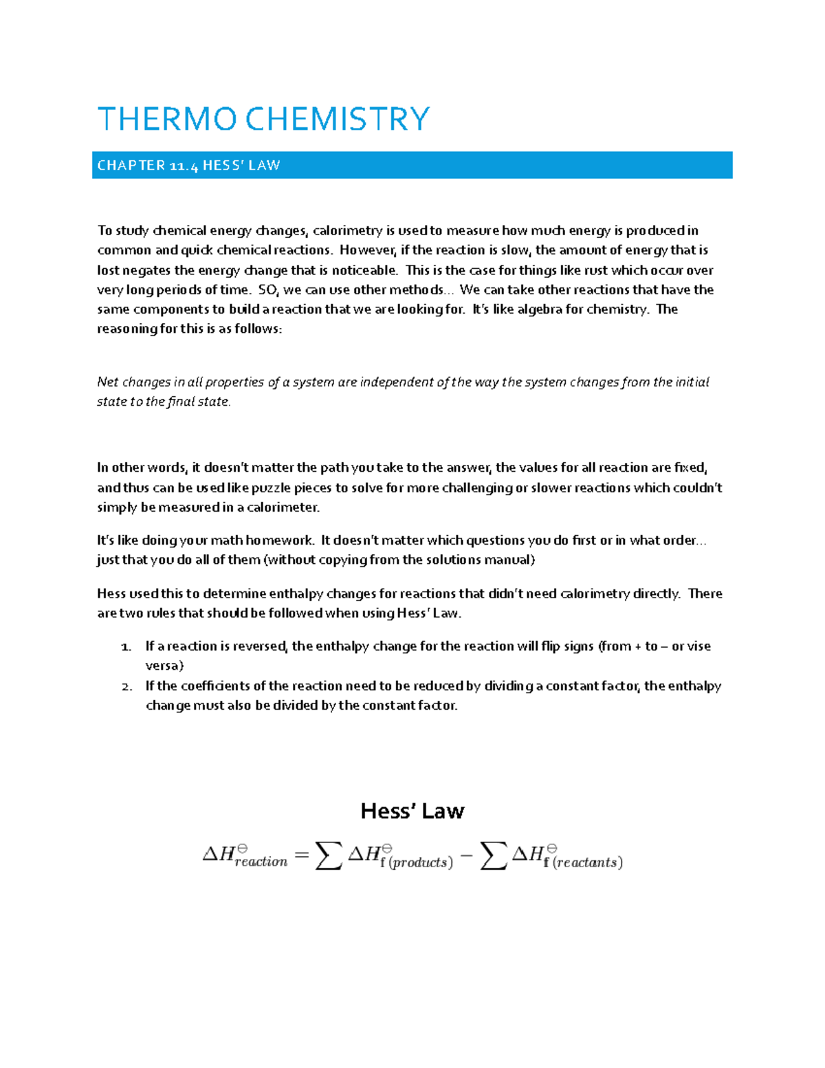 Thermochemistry 11 4 2016 - THERMO CHEMISTRY CHAPTER 11 HESS’ LAW To ...