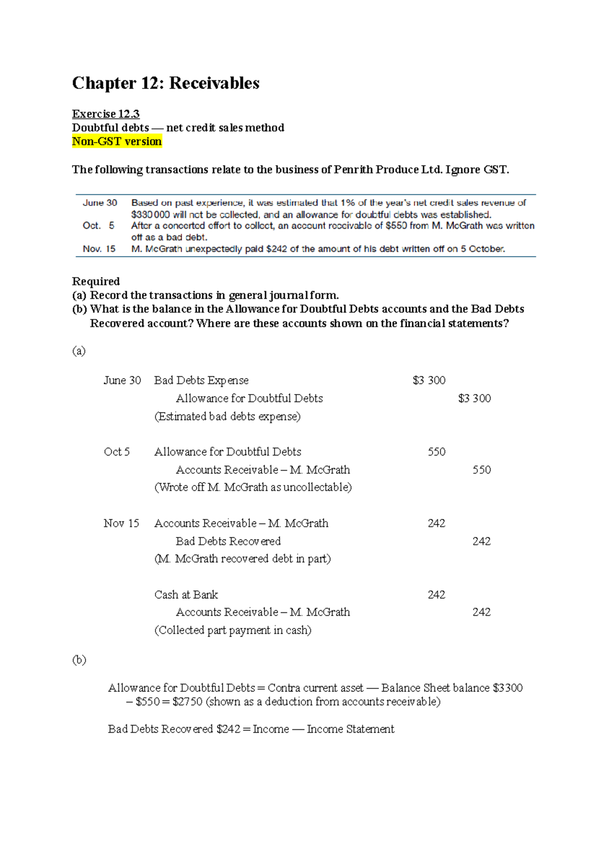 Chapter 12 Tutorial Solutions - Chapter 12: Receivables Exercise 12. Doubtful debts — net credit ...