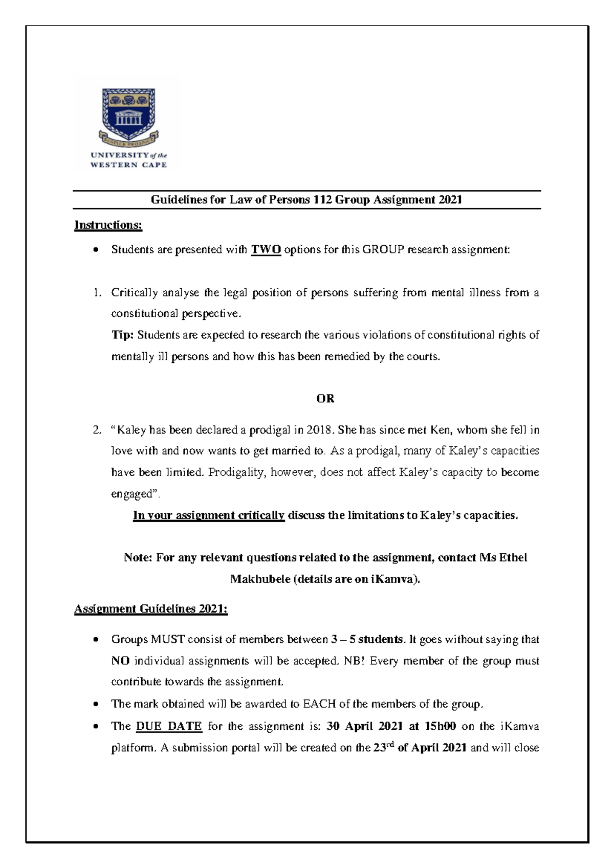 Guidelines to Law of Persons 112 Group Assignment - Guidelines for Law ...