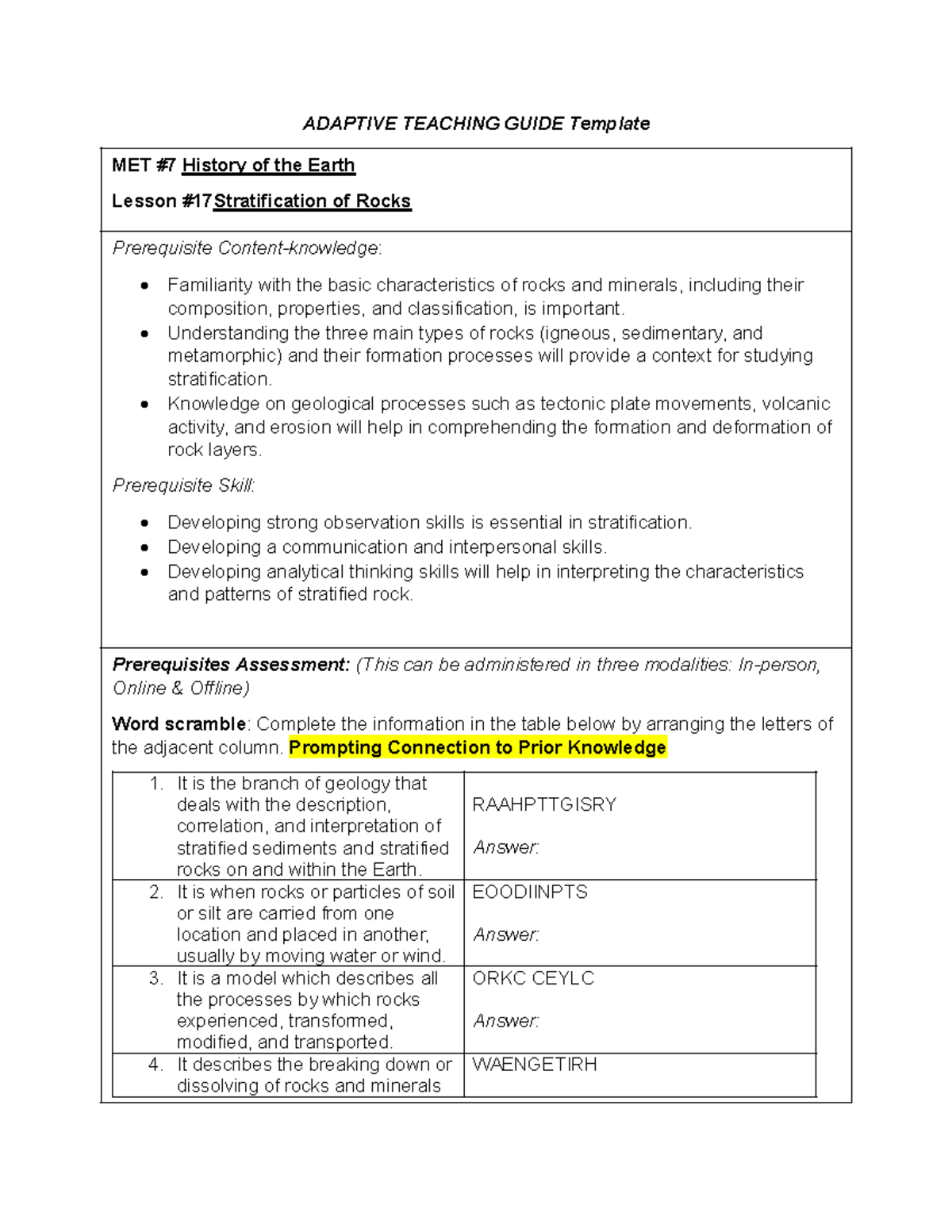 Trainor Example ATG Stratification of Rocks - ADAPTIVE TEACHING GUIDE ...