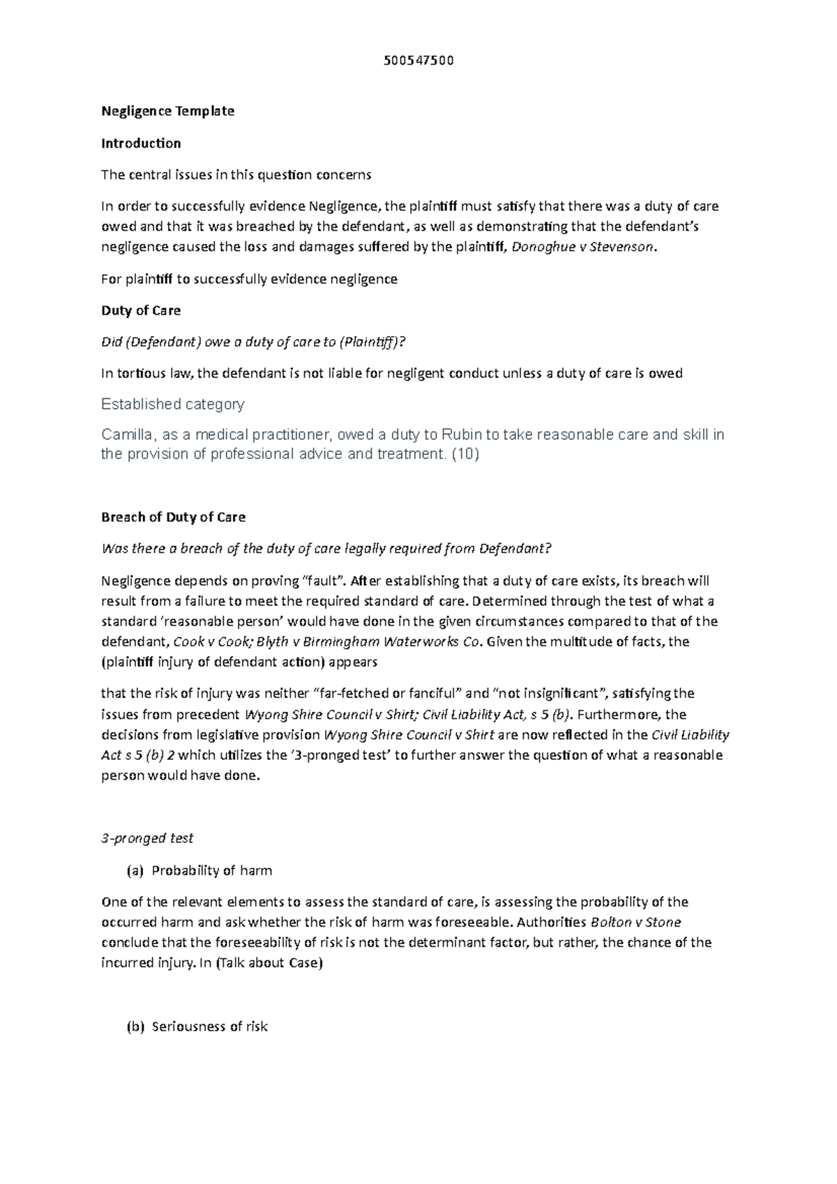 Negligence-Template-Final-Exam - 500547500 Negligence Template ...