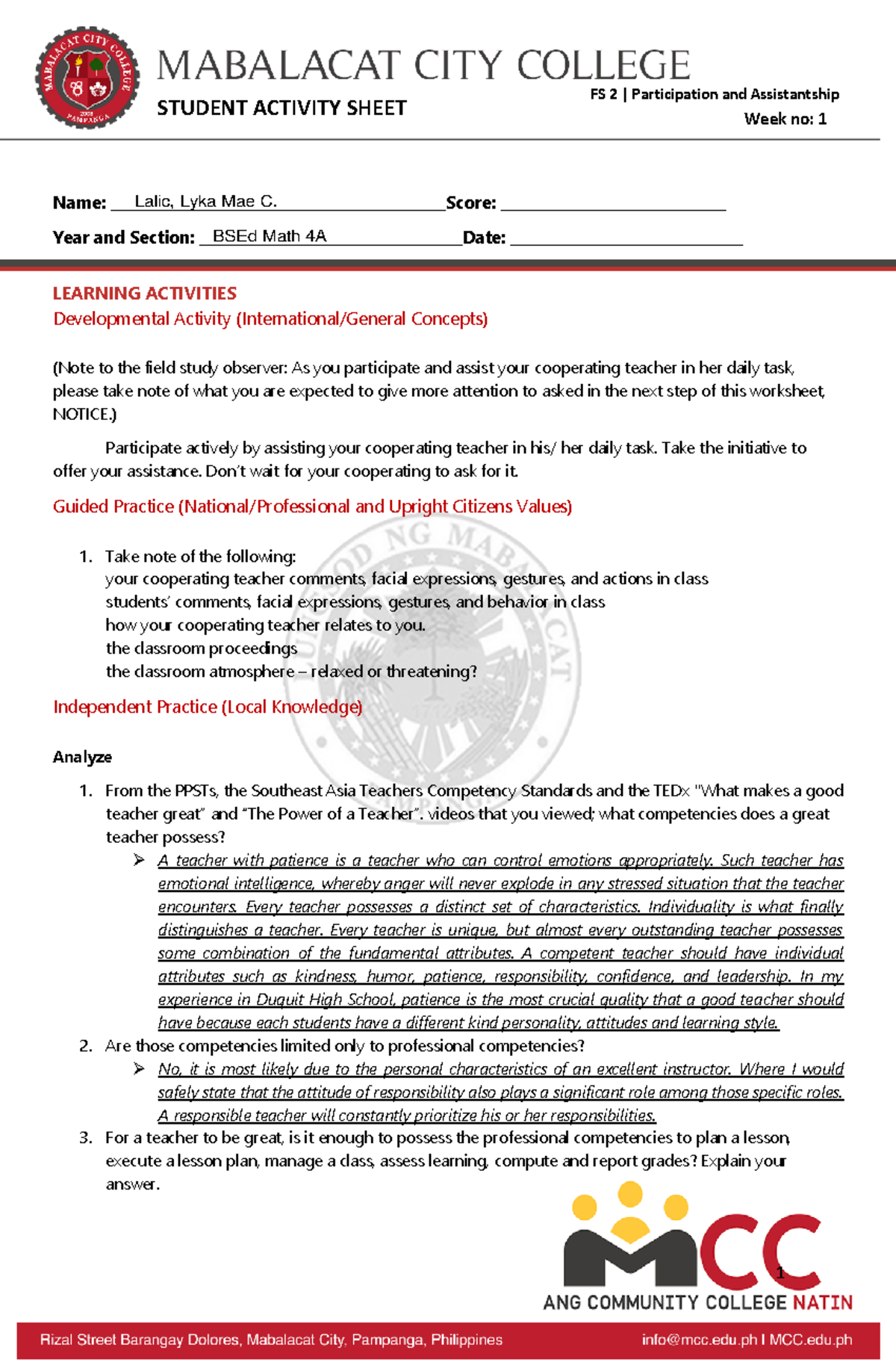 FS2 SAS Week 1 Lalic - FS2 - STUDENT ACTIVITY SHEET Week no: 1 Name ...