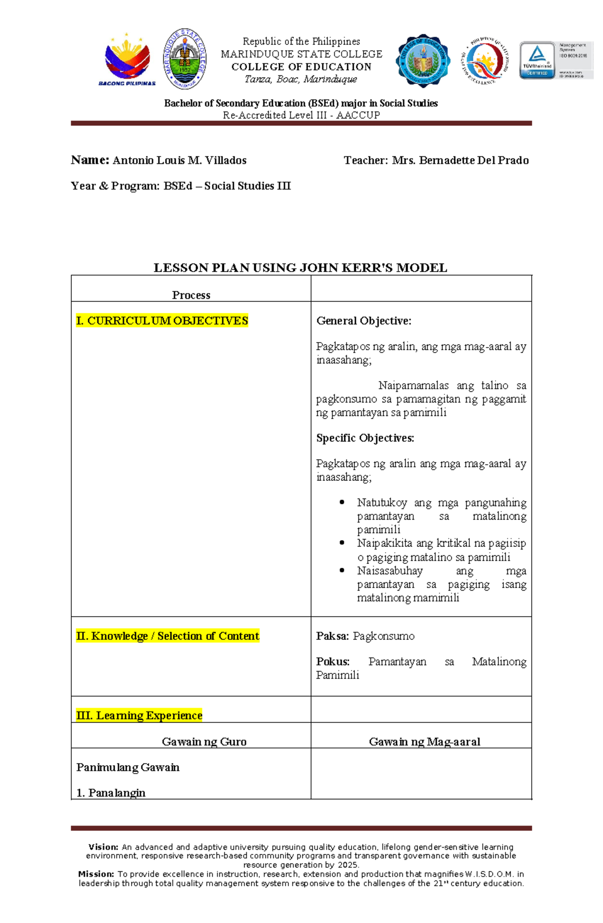 Lesson PLAN Using JOHN KERR' S Model - MARINDUQUE STATE COLLEGE COLLEGE ...
