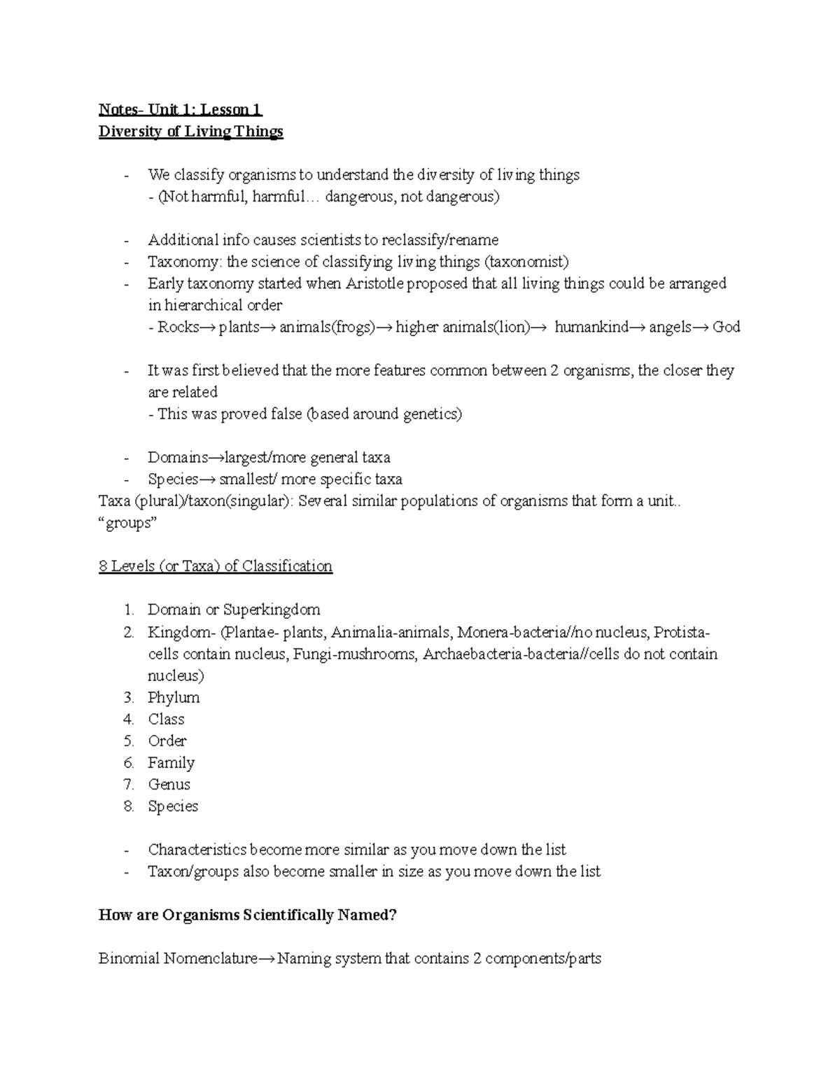 Notes-Unit 1: Lesson 1 (Classification) - Notes- Unit 1: Lesson 1 ...