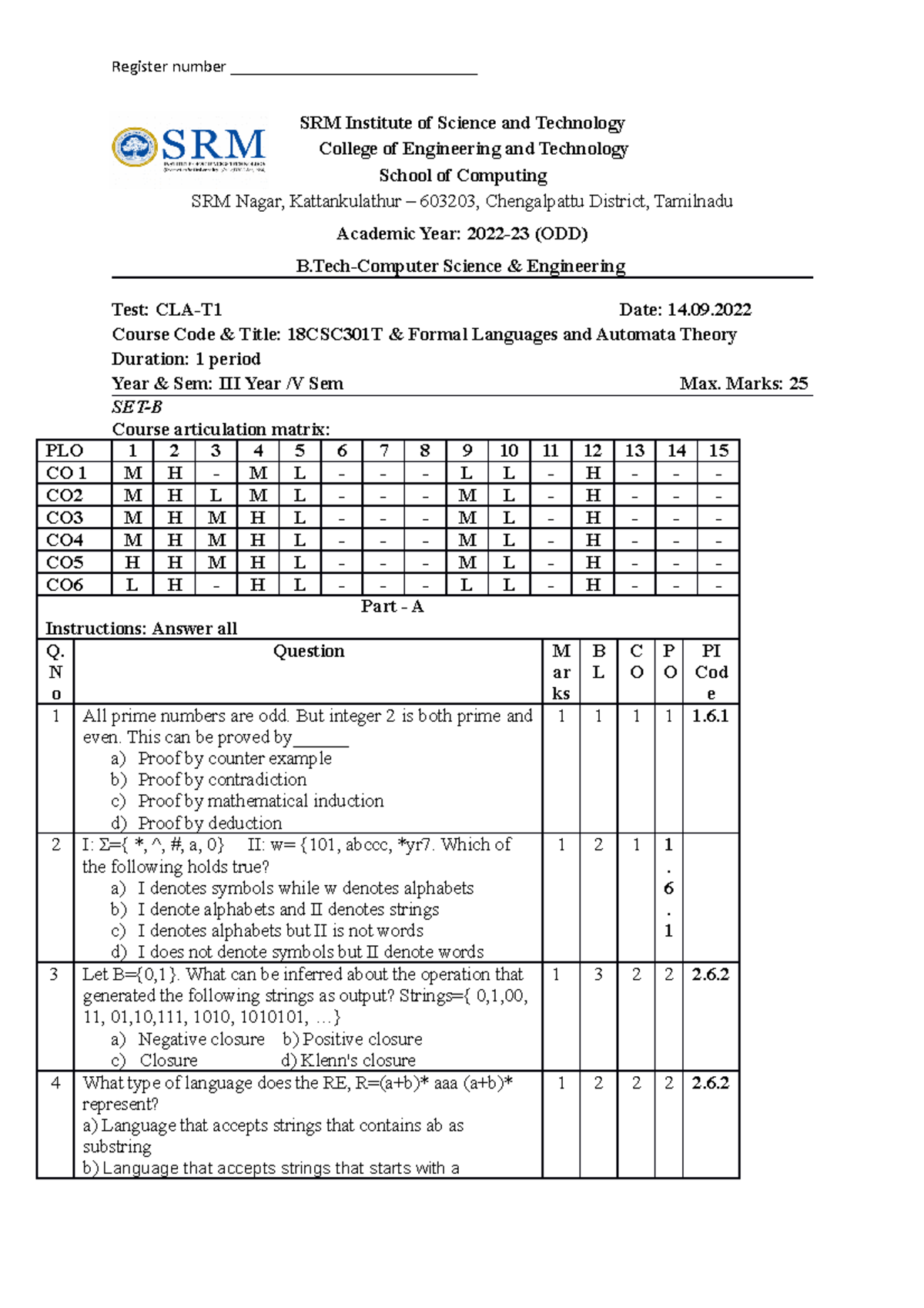 Ct1 101931 18csc301t Set B Qp Register Number Srm Institute Of