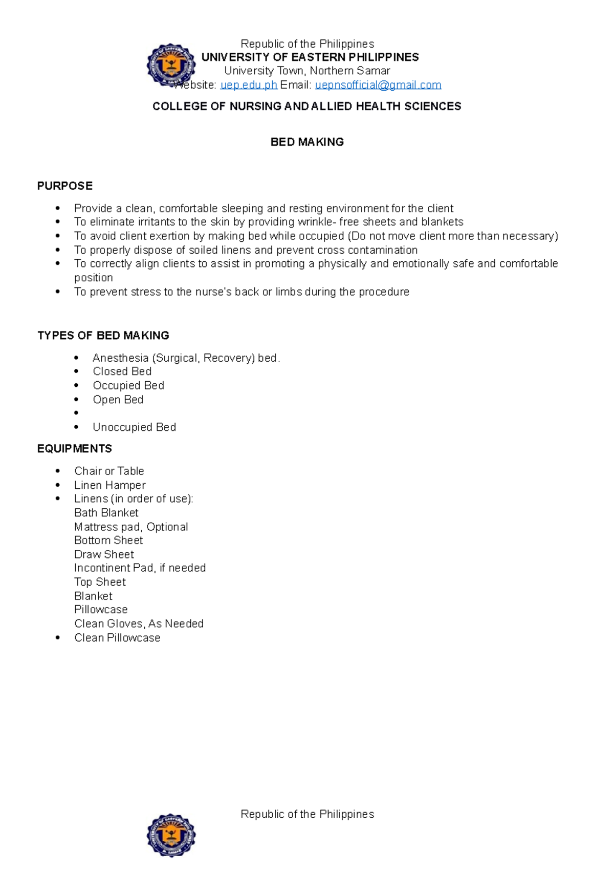 Bed making Performance Evaluation Checklist - Republic of the ...