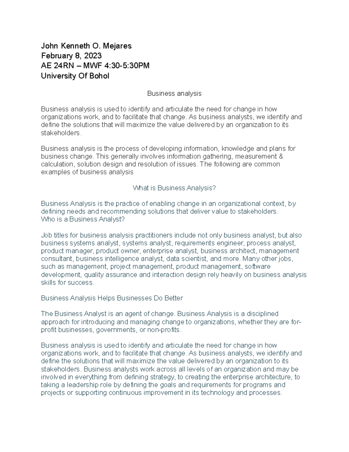 Business-analysis - Assignment - John Kenneth O. Mejares February 8, 2023 AE 24RN – MWF 4:30-5 ...