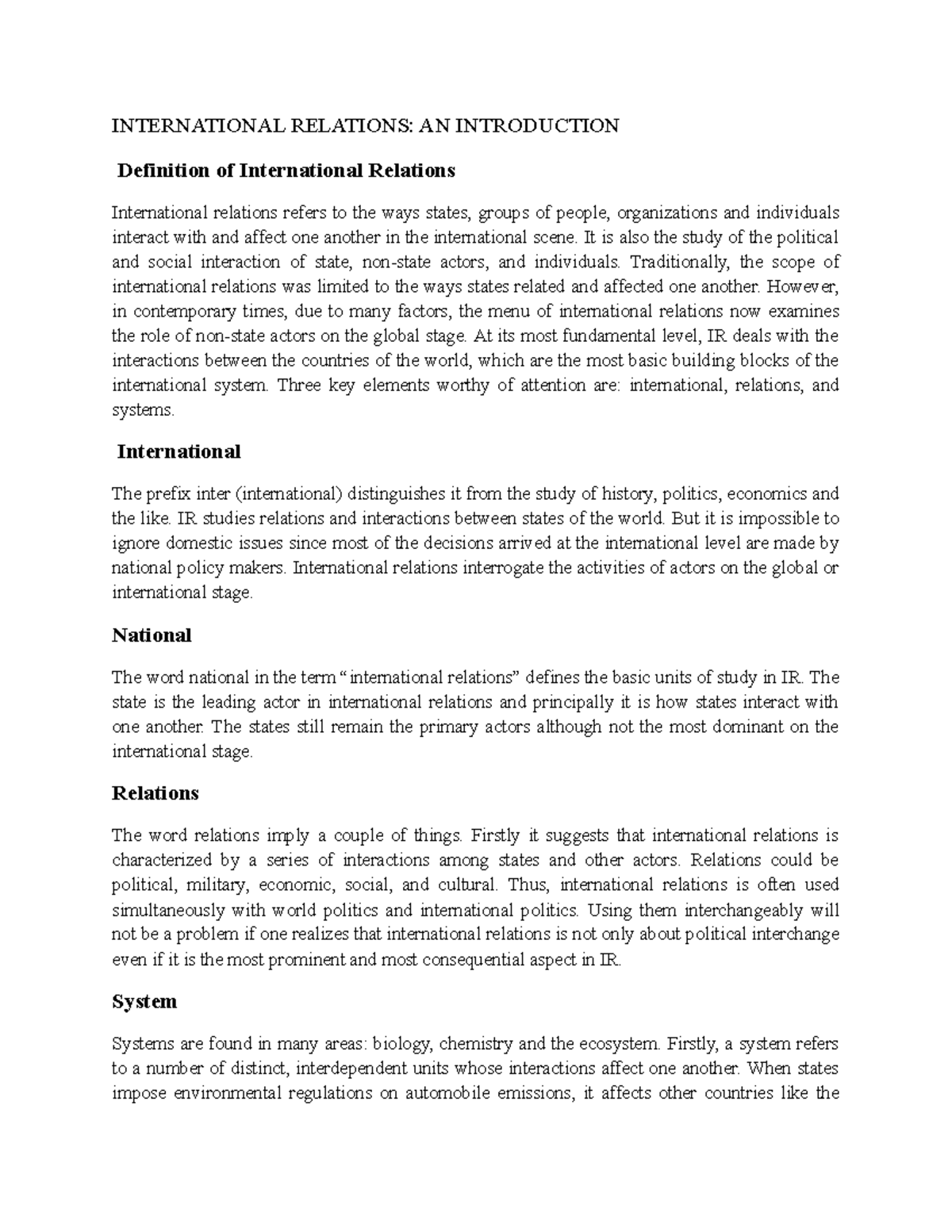 Introduction IR - notes - INTERNATIONAL RELATIONS: AN INTRODUCTION ...
