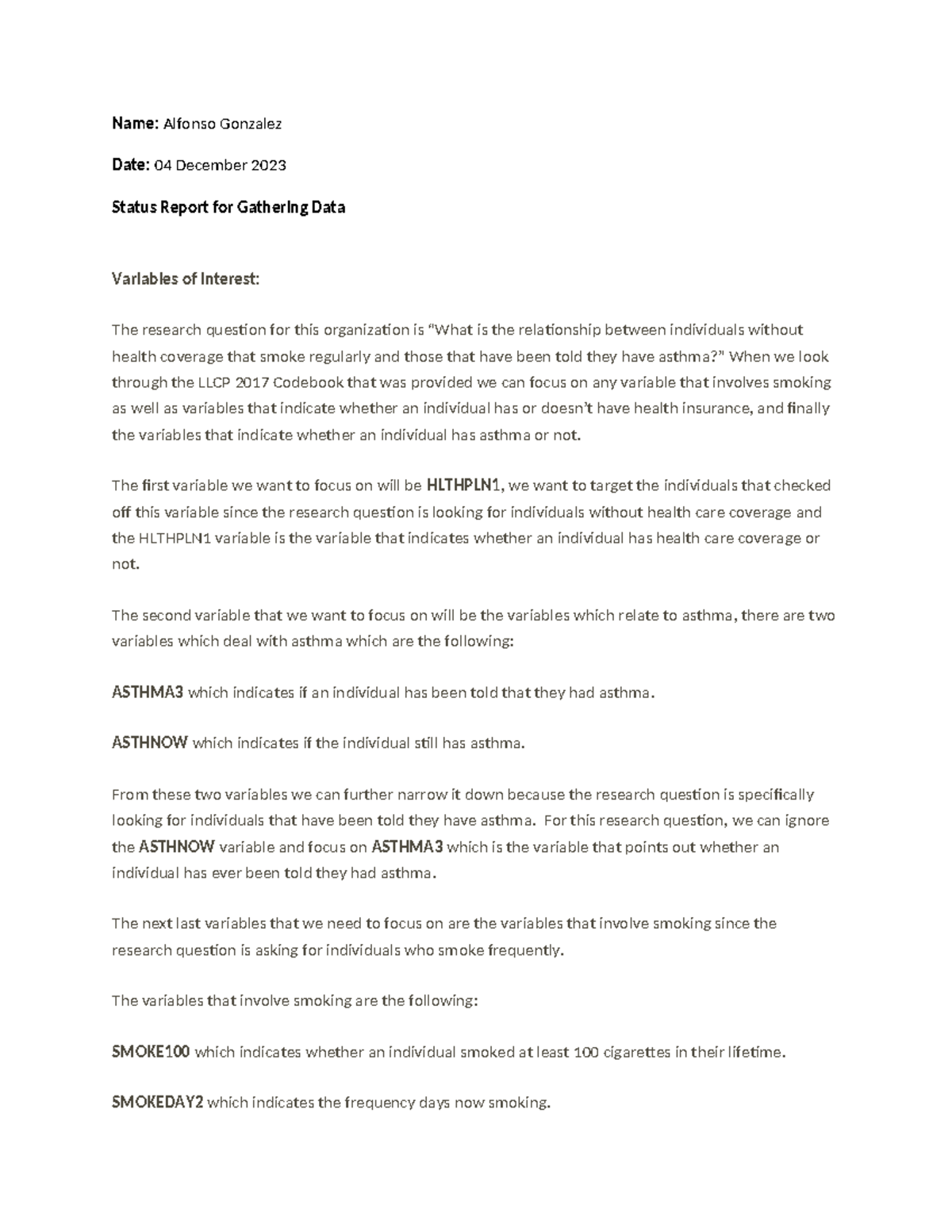 Module 5 Gathering Data Assignment Resubmitted Name Alfonso Gonzalez Date 04 December 2023