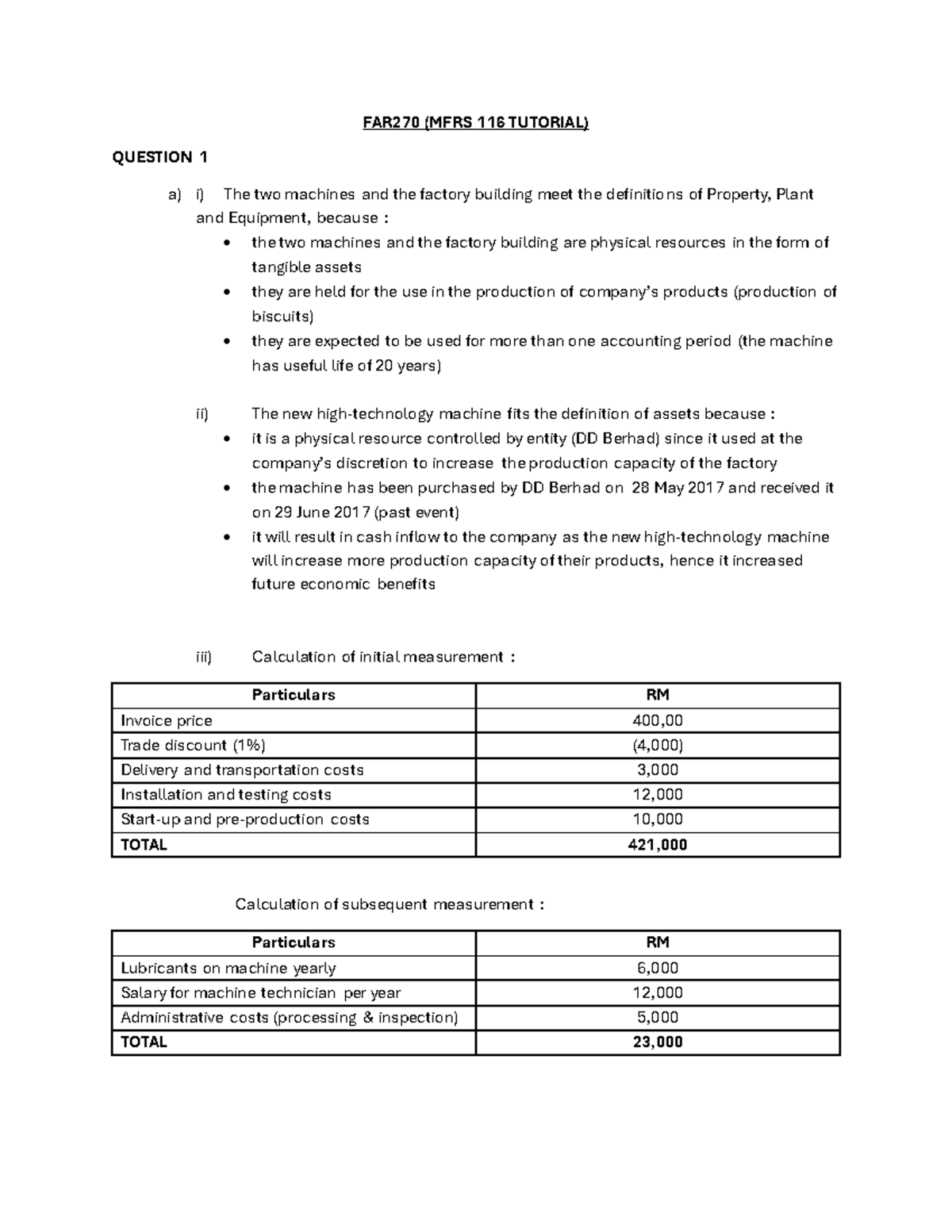 FAR270 MFRS 116 TUTORIAL - FAR270 (MFRS 116 TUTORIAL) QUESTION 1 a) i) The two machines and the ...