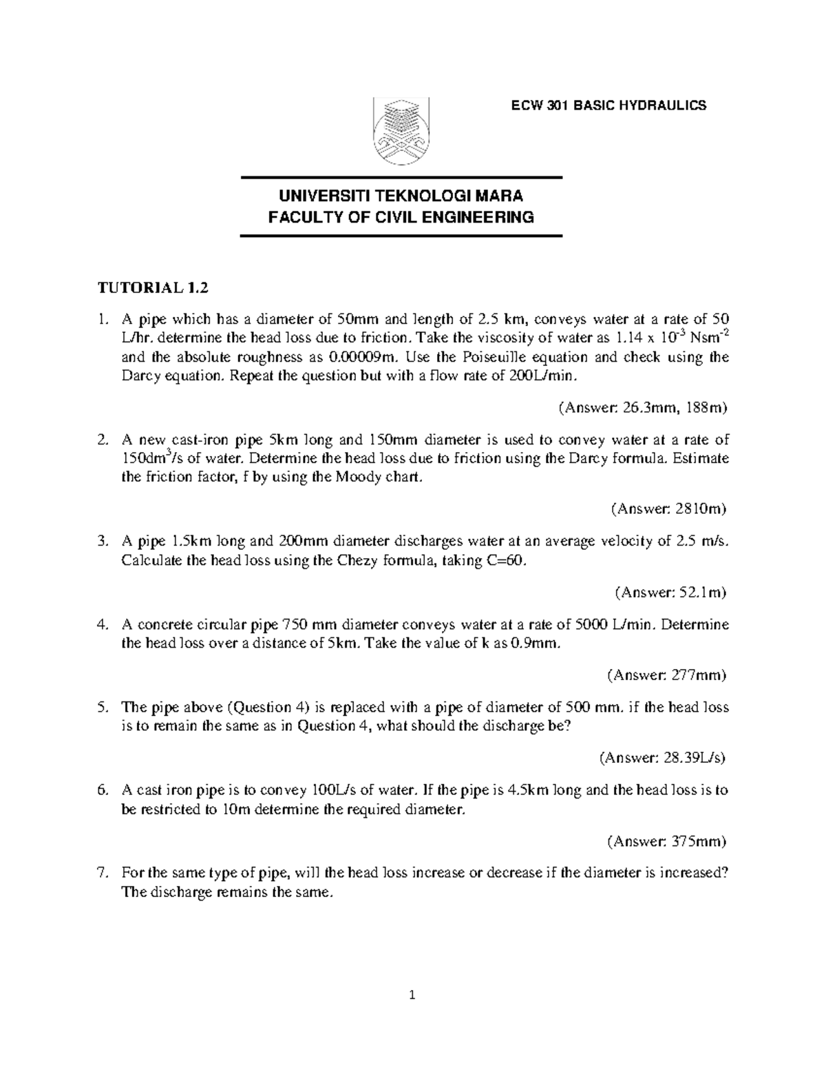 Tutorial 1 - Hydraulics - UiTM - Studocu