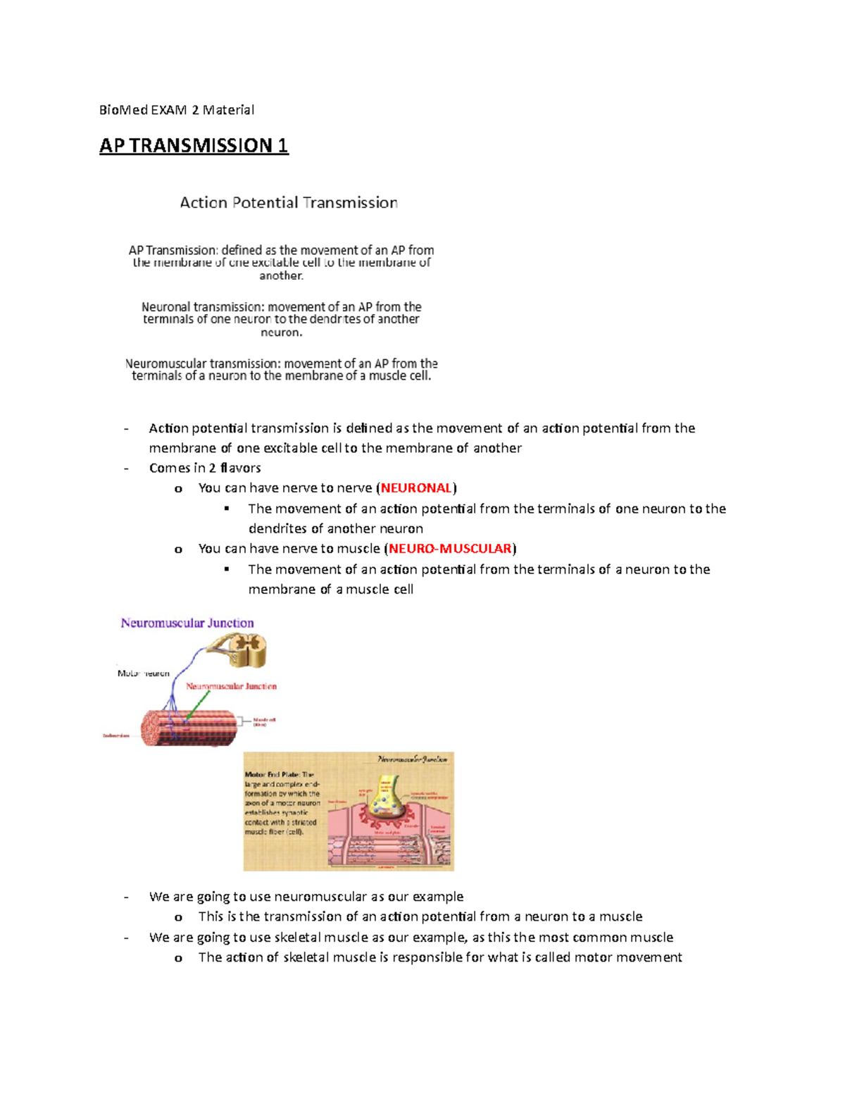Bio Med EXAM 2 Lecture Notes 2 - BioMed EXAM 2 Material AP TRANSMISSION ...