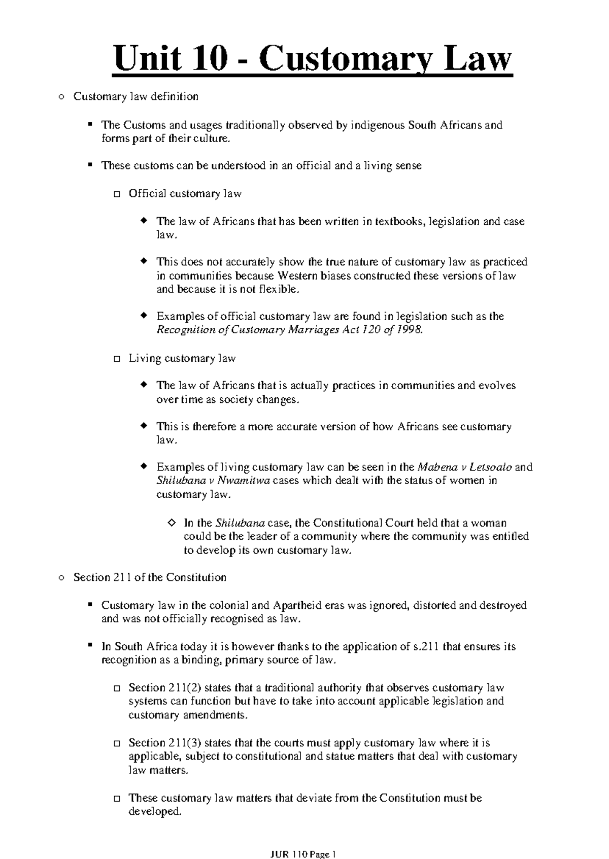 JUR 110 - Summary Jurisprudence - Unit 10 Customary Law Customary law ...