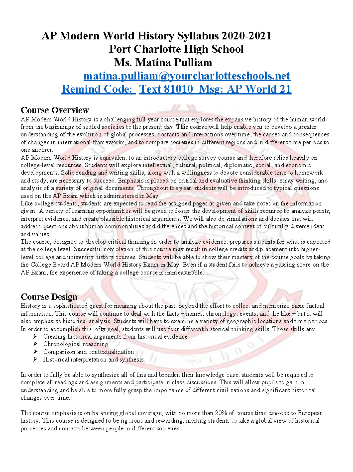 AP World History Class Syllabus 2020 - AP Modern World History Syllabus ...