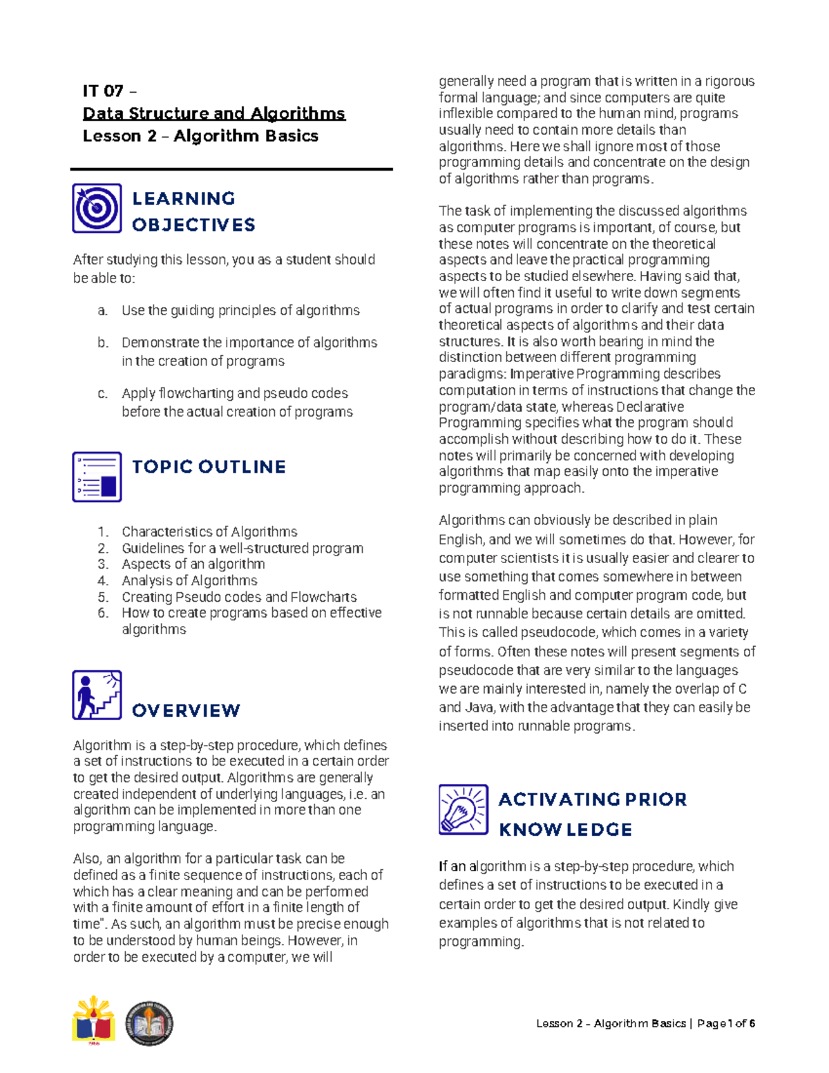 Lesson 2 - Algorithm Basics - LEARNING OB JECTIVES After studying this ...