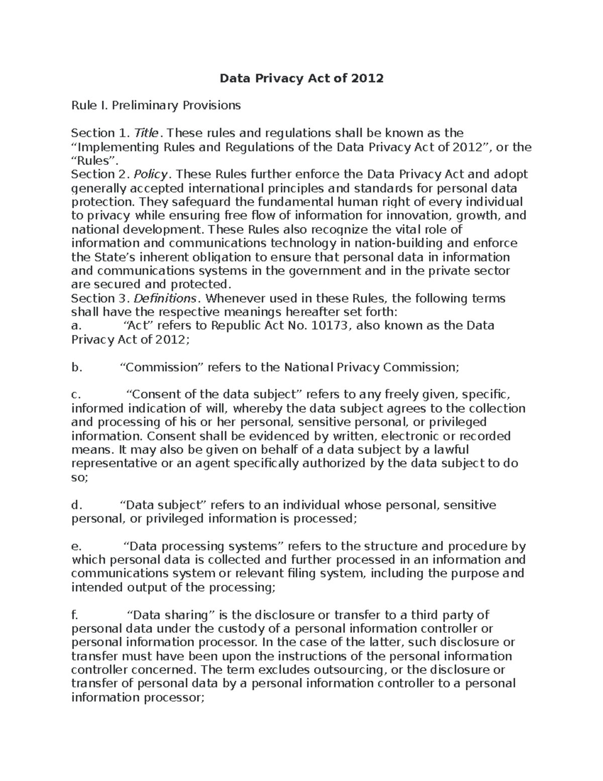 DATA Privacy - Section 1. Title. These rules and regulations shall be ...