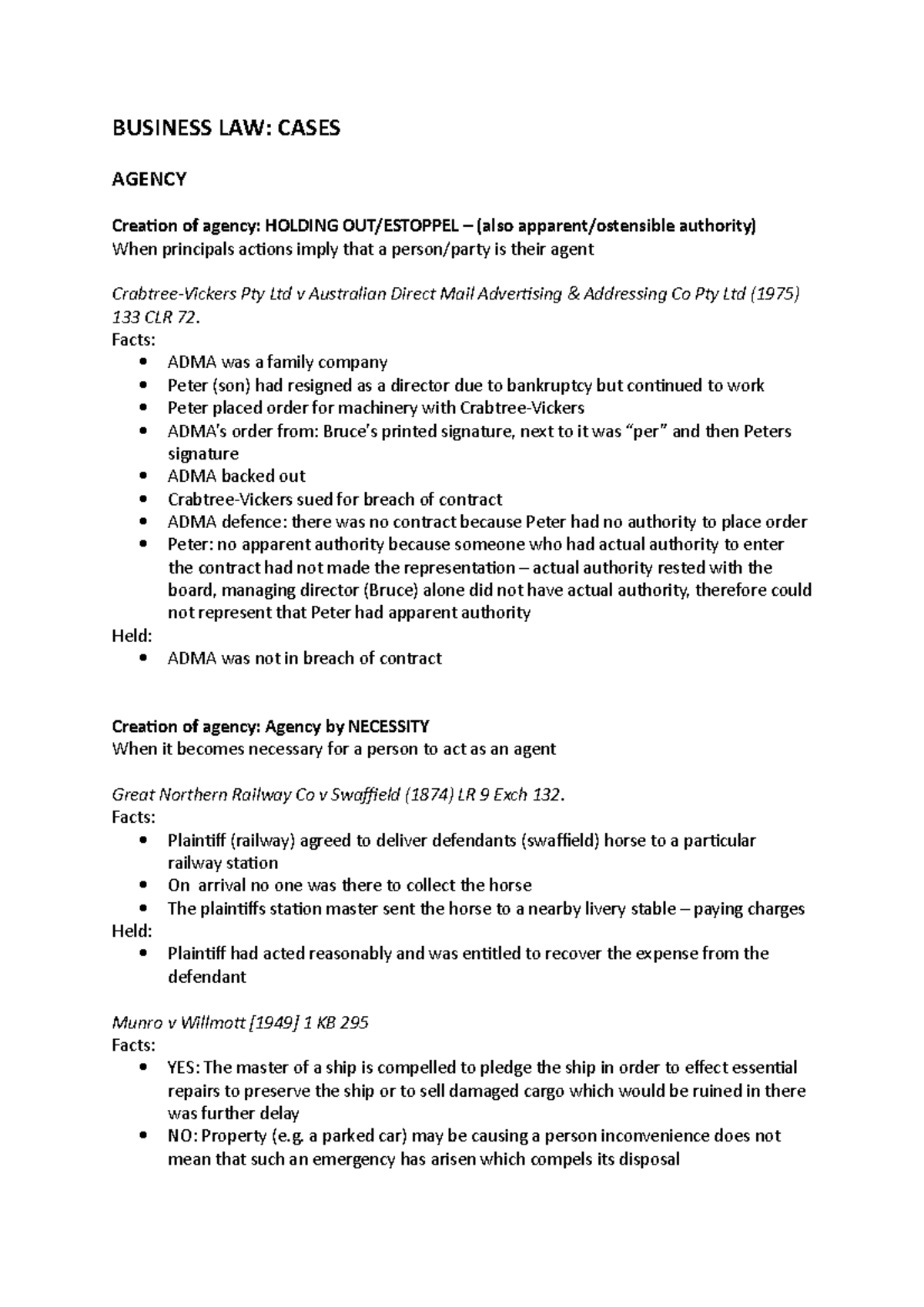 BSL165 Cases - BUSINESS LAW: CASES AGENCY Creaion of agency: HOLDING ...