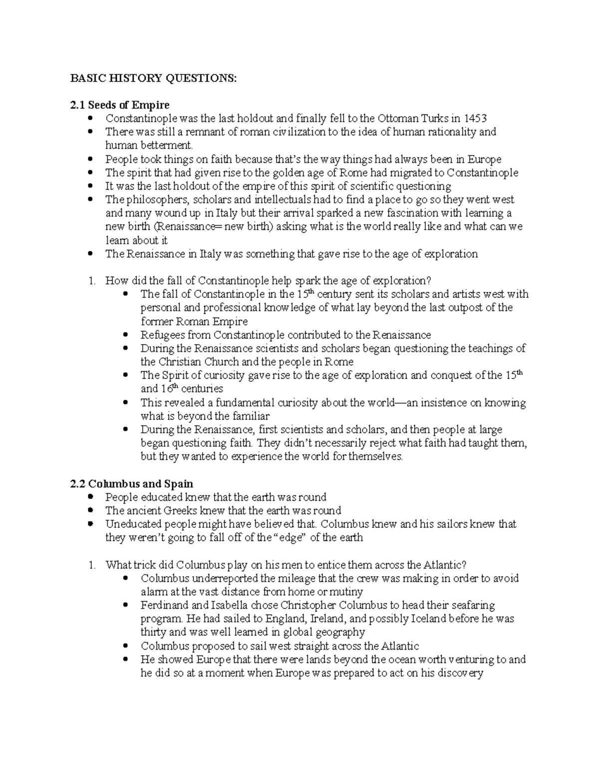 CH 2 Exploration and Conquest, 1400 to 1600 - BASIC HISTORY QUESTIONS ...