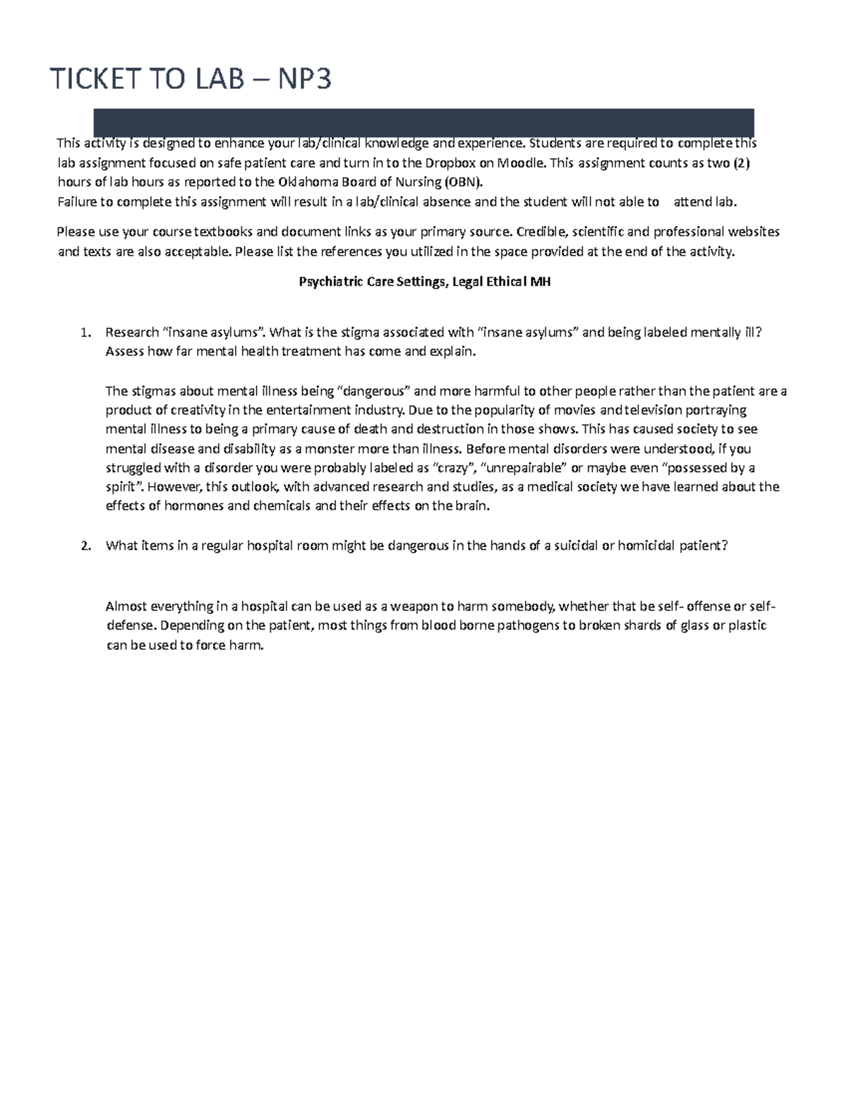 Ticket to mental health lab - TICKET TO LAB – NP This activity is ...