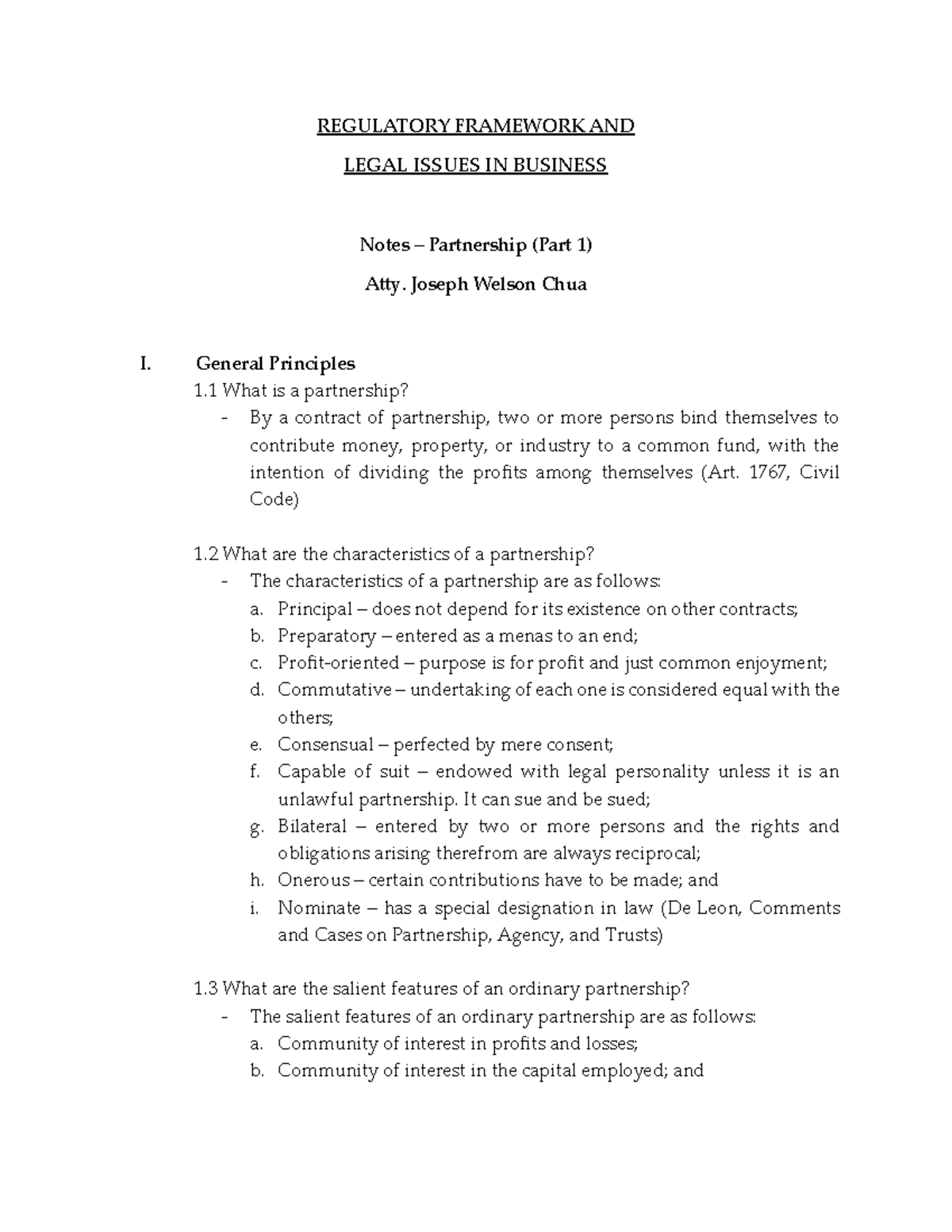 RFBT Notes Partnership Part 1 - REGULATORY FRAMEWORK AND LEGAL ISSUES ...