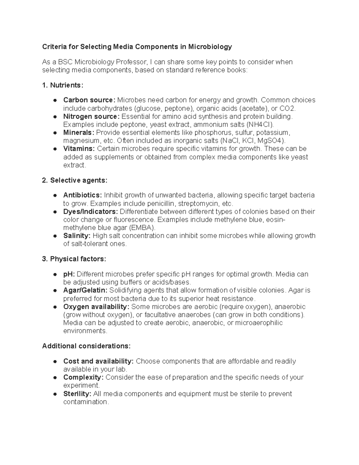 Criteria for Selecting Media Components - Common choices include ...