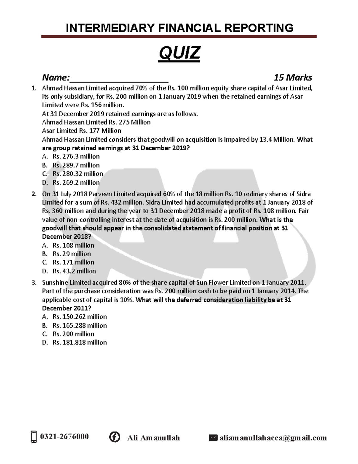 IFR Quiz 2 - practice questions - 0321-2676000 Ali Amanullah ...
