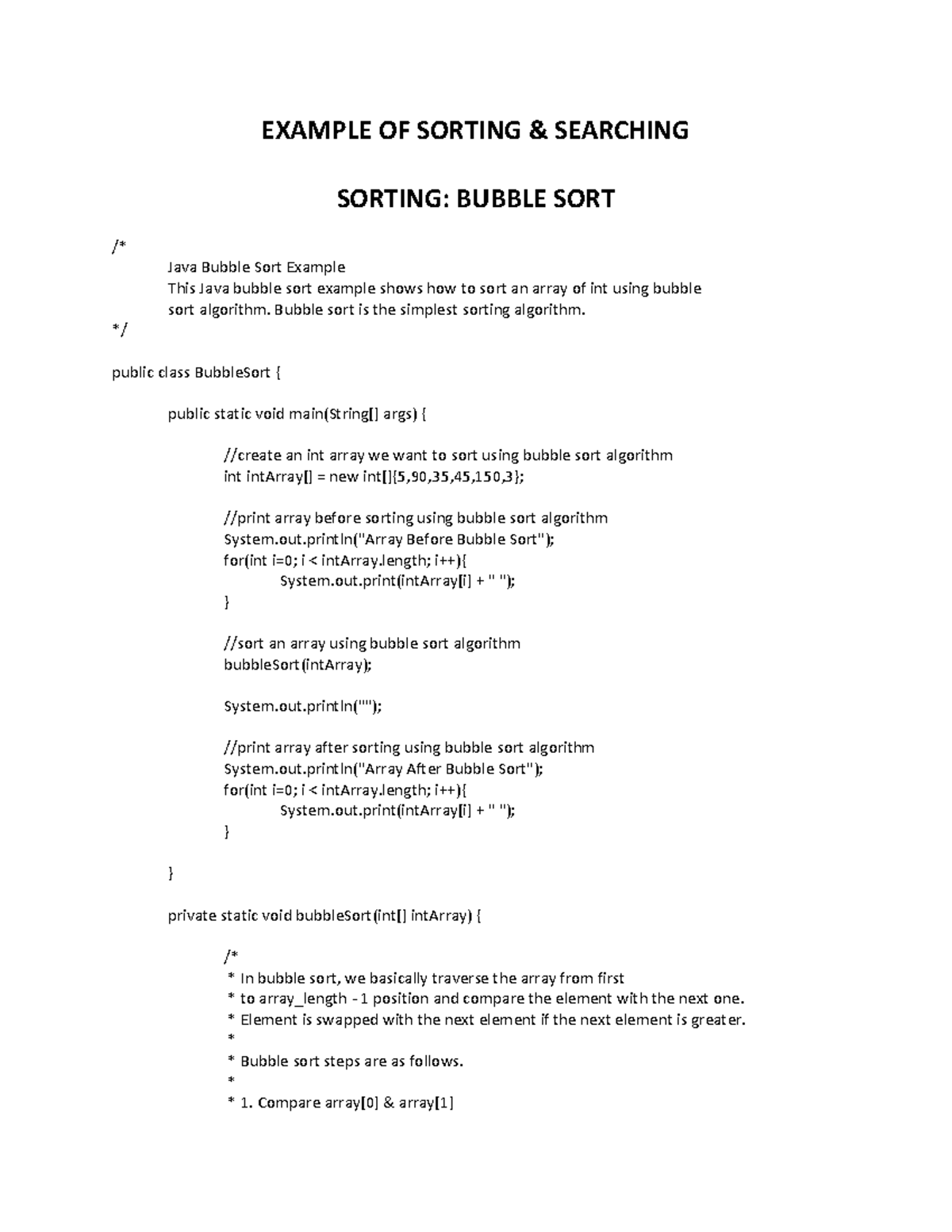 Array - Sorting & Searching - EXA M PLE OF SORTING & SEA RCHING SORTING ...