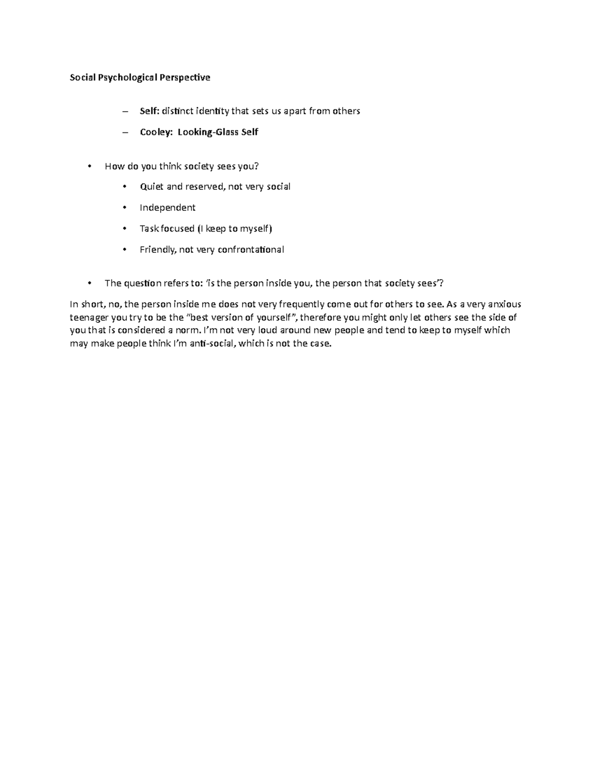 Activity - Socialization - Social Psychological Perspective Self ...