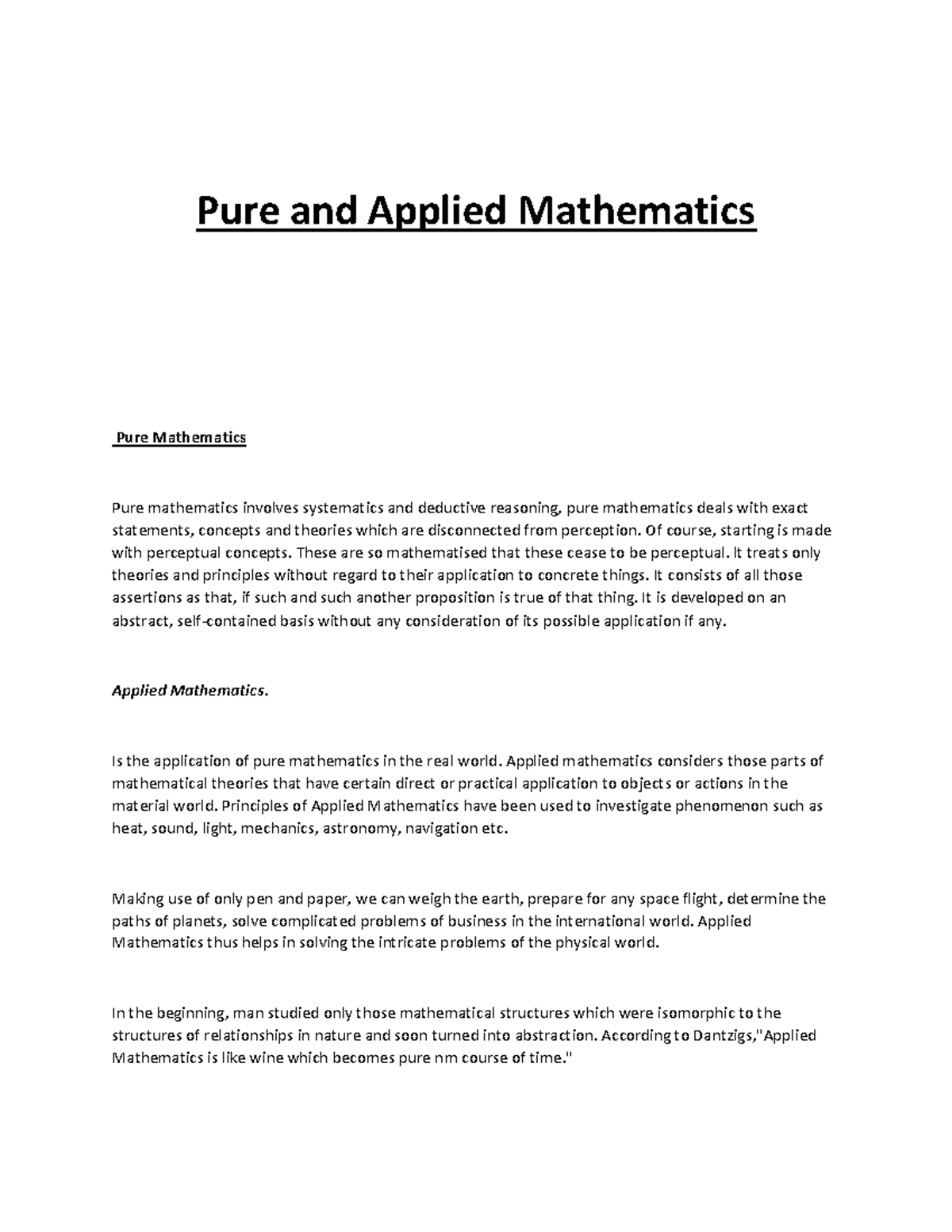 Pure and Applied Mathematics - Of course, starting is made with ...