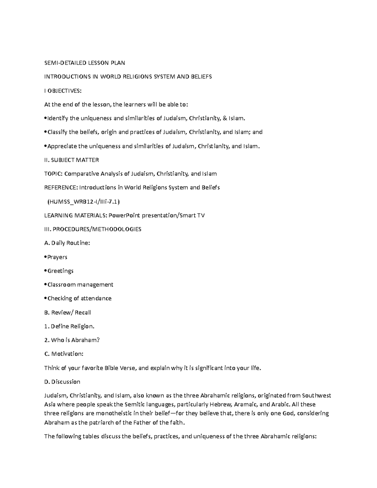 SEMI - Sample - SEMI-DETAILED LESSON PLAN INTRODUCTIONS IN WORLD ...