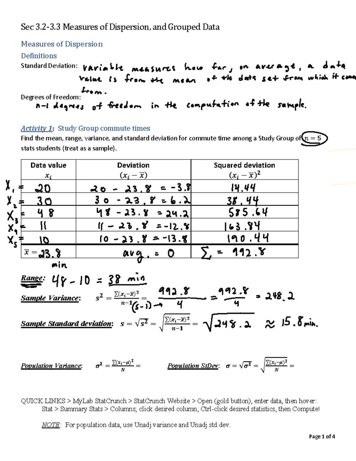 Measues of Dispersion, and Group Data - Sec 3.2-3 Measures of ...