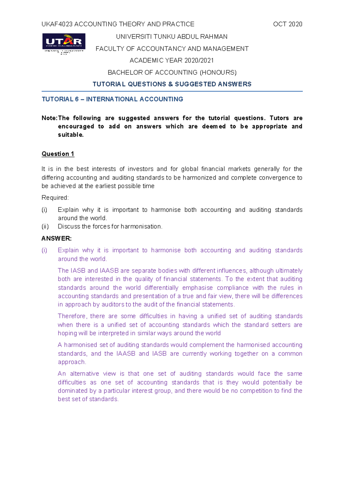 Tutorial 6 - International Accounting - UKAF4023 ACCOUNTING THEORY AND ...