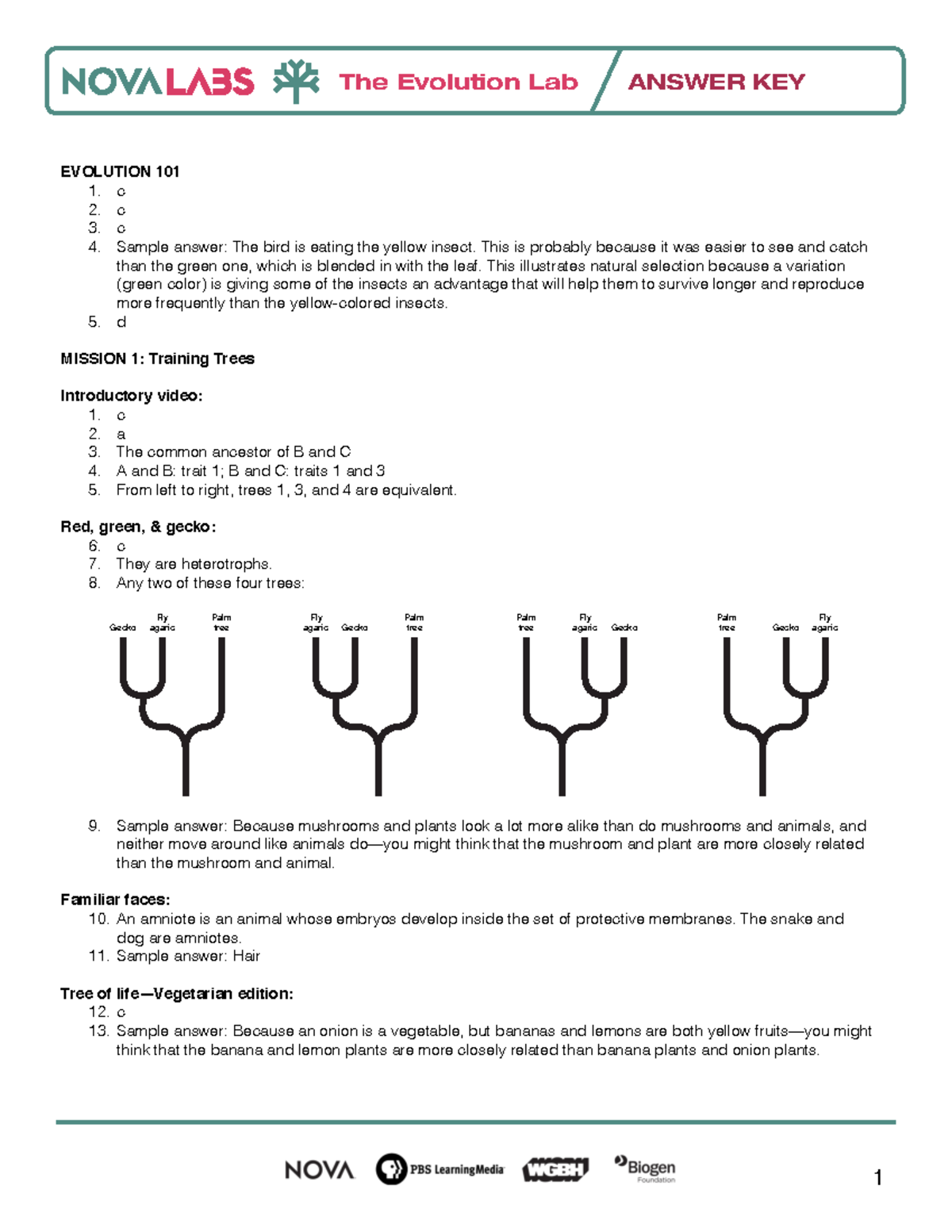 Evolution Lab Answer Key - The Evolution Lab ANSWER KEY EVOLUTION 101 1. c 2. c 3. c 4. Sample ...