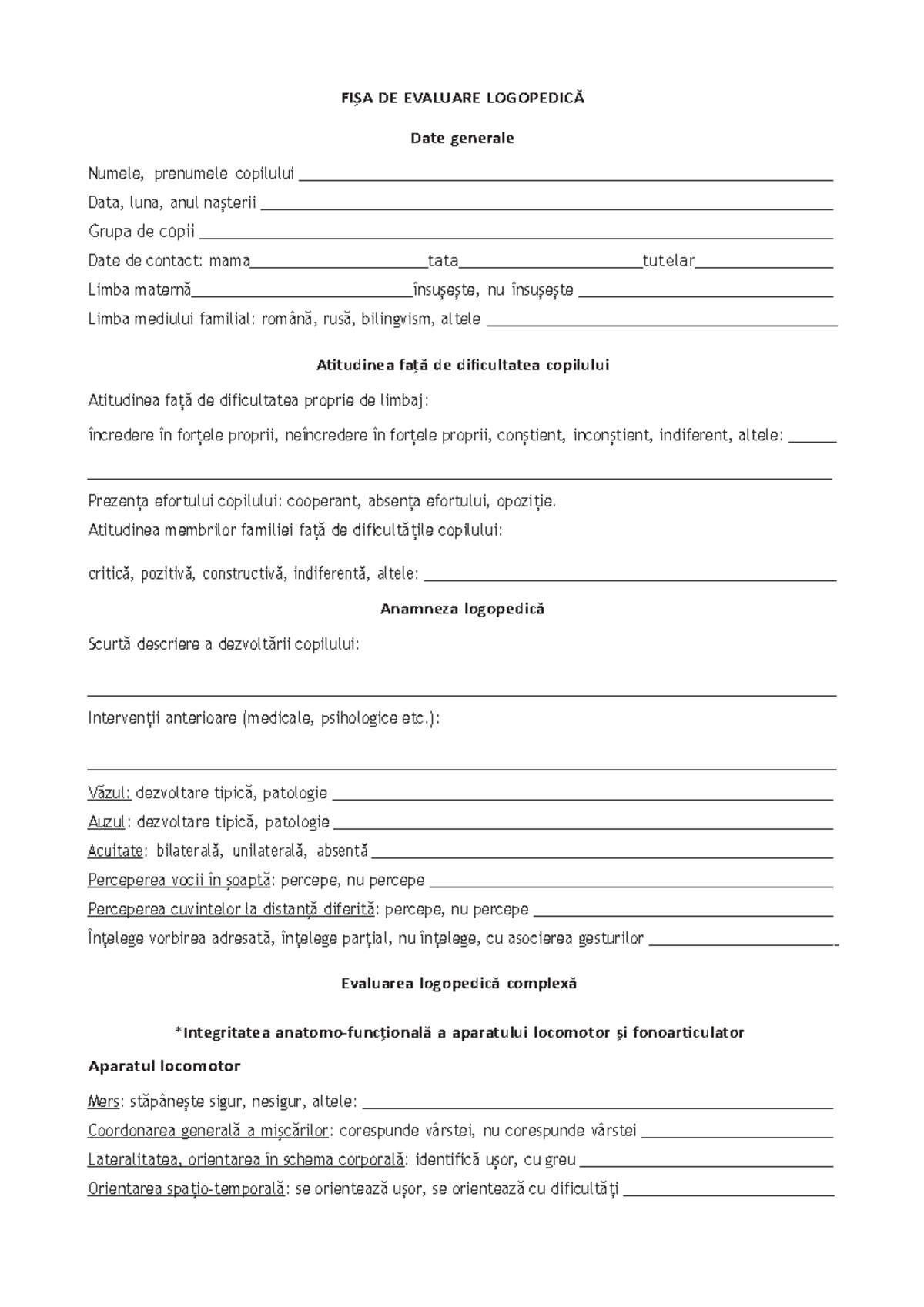 Fisa logopedica - Fişă pentru evaluarea logopedică a copiilor cu ...