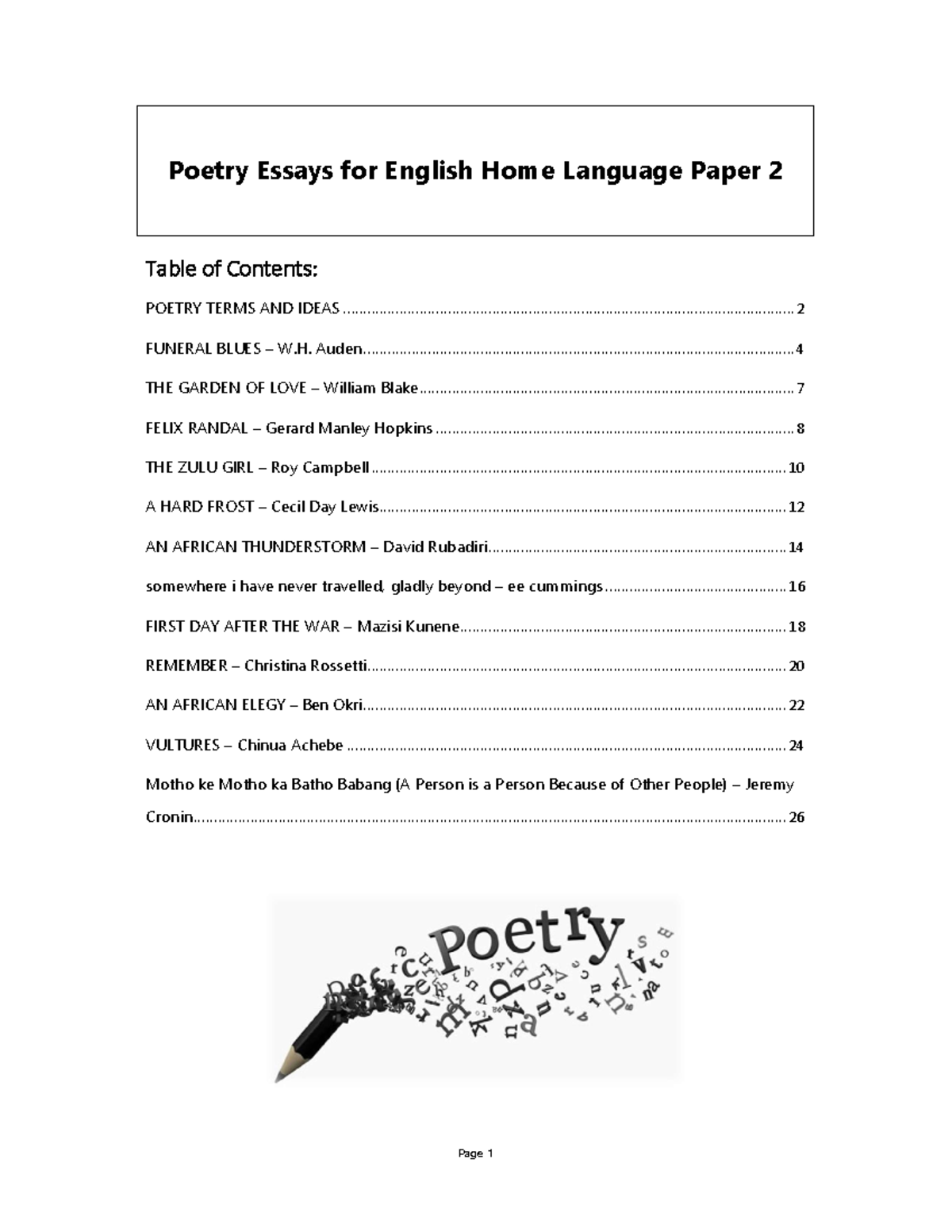 Summary of Poetry Essays - Table of Contents: Poetry Essays for English ...