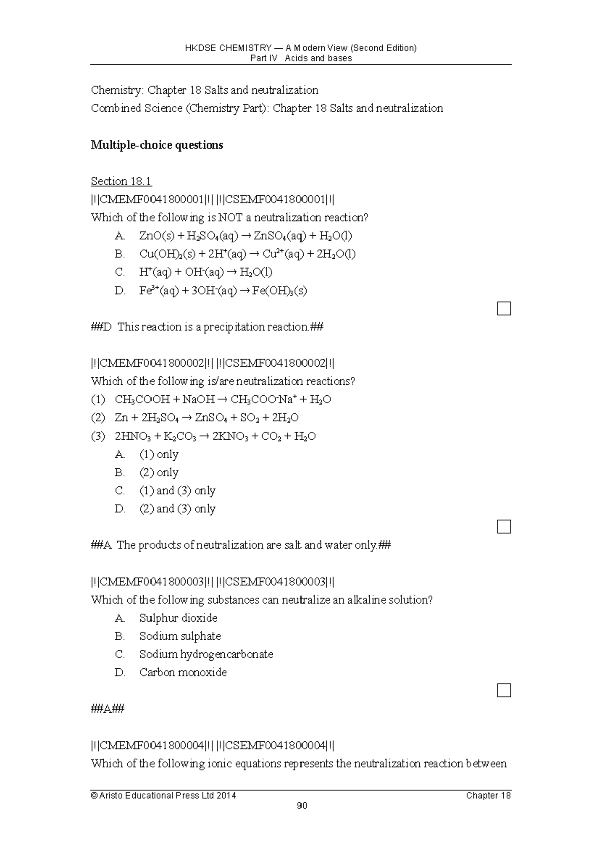 Chapter 18 Multiple-choice questions - Part IV Acids and bases ...
