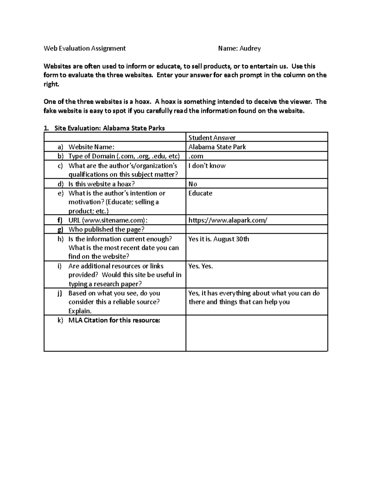 Web Evaluation Assignment - Use this form to evaluate the three ...