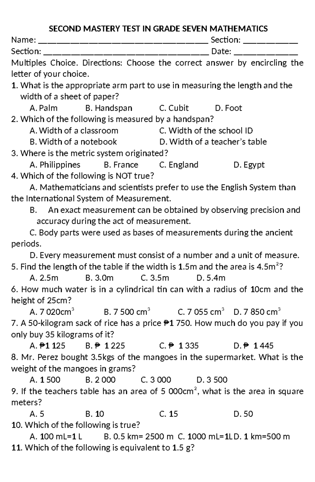 445190784 Math 7 Mastery Test - SECOND MASTERY TEST IN GRADE SEVEN ...