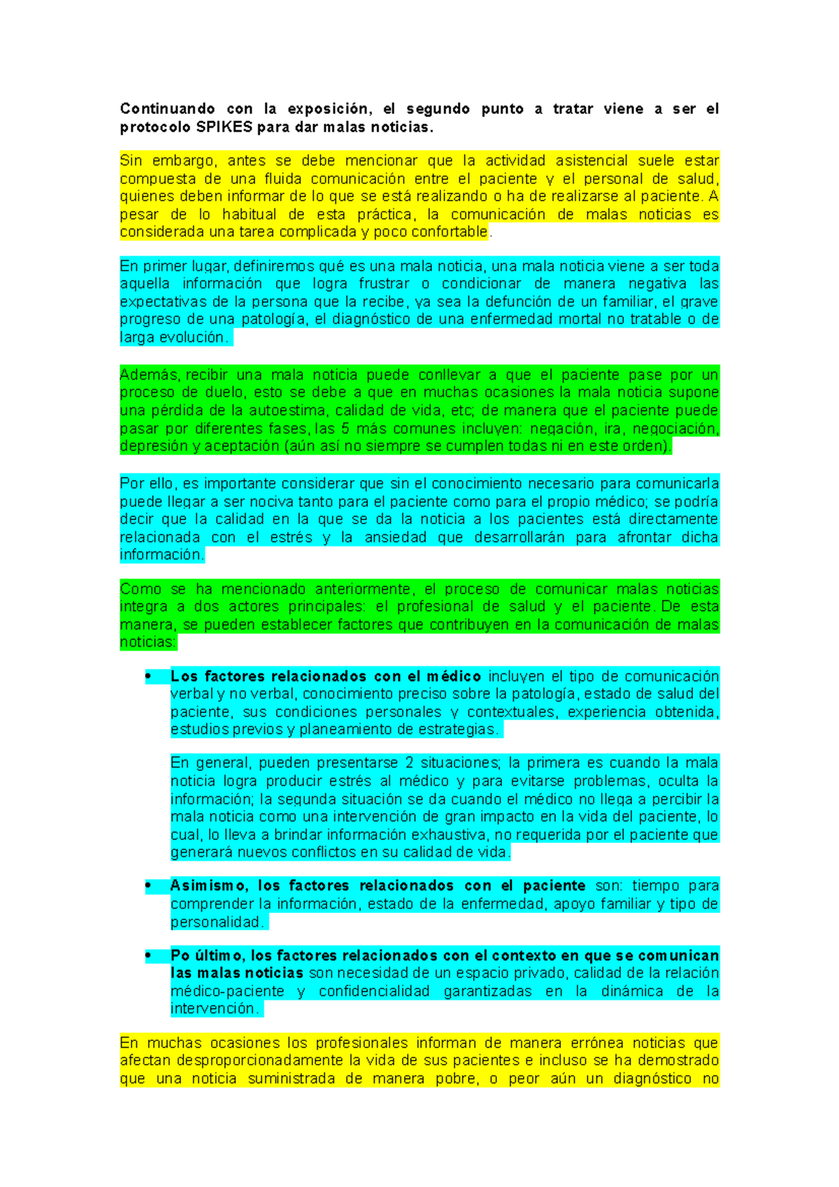 Modelo Spykes para dar malas noticias - Continuando con la exposición ...