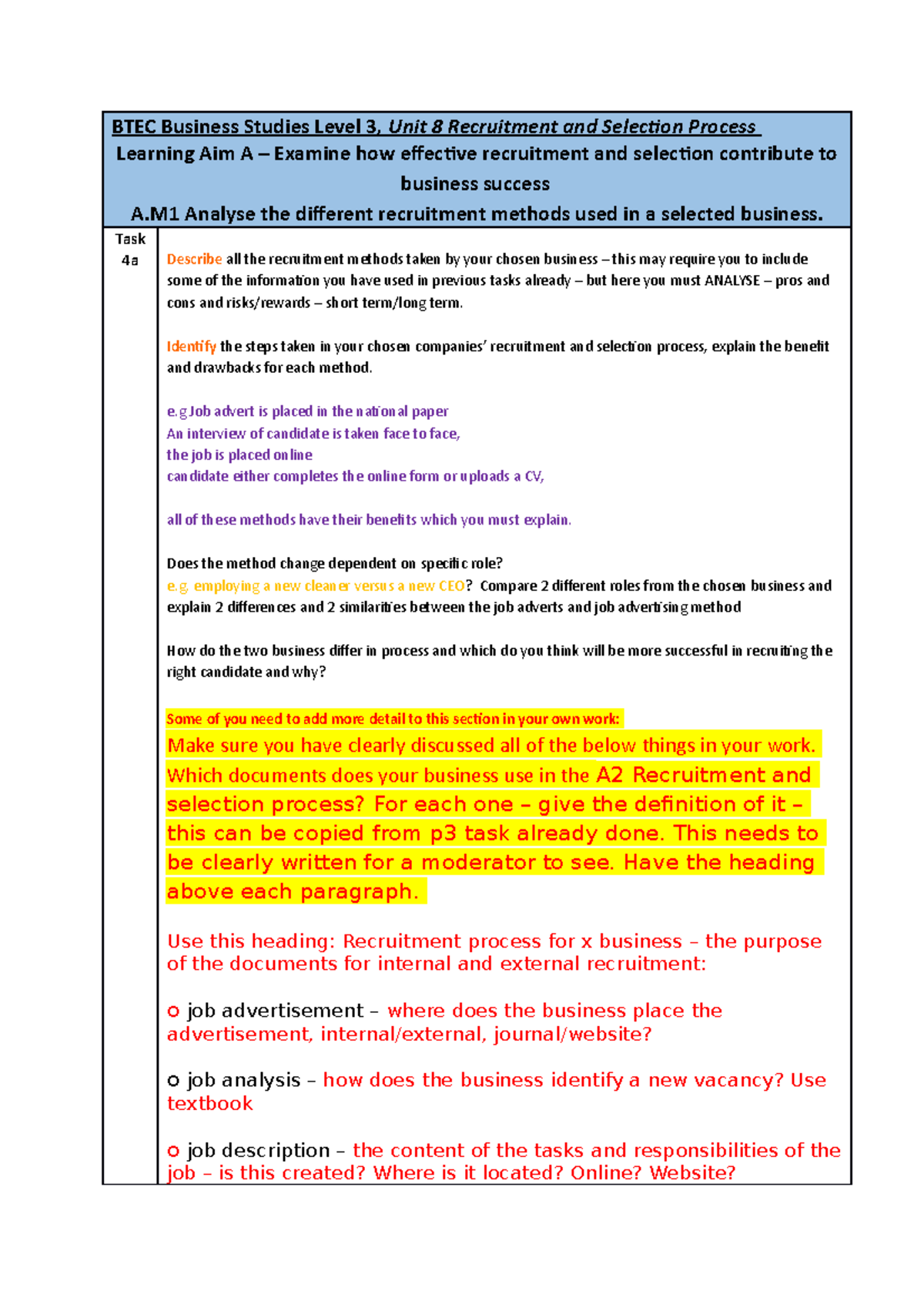 U8 M1 checklist - BTEC Business Studies Level 3, Unit 8 Recruitment and ...