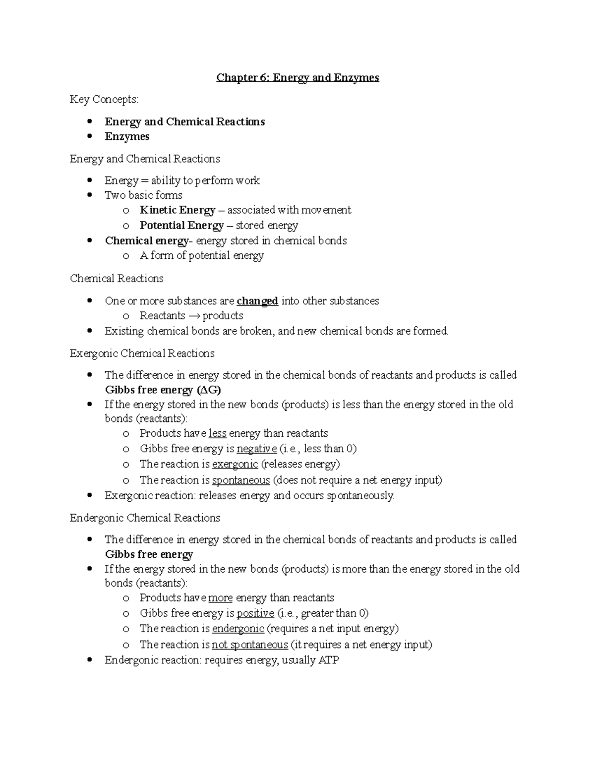 Energy and Enzymes - Key Concepts and Notes - Chapter 6: Energy and ...
