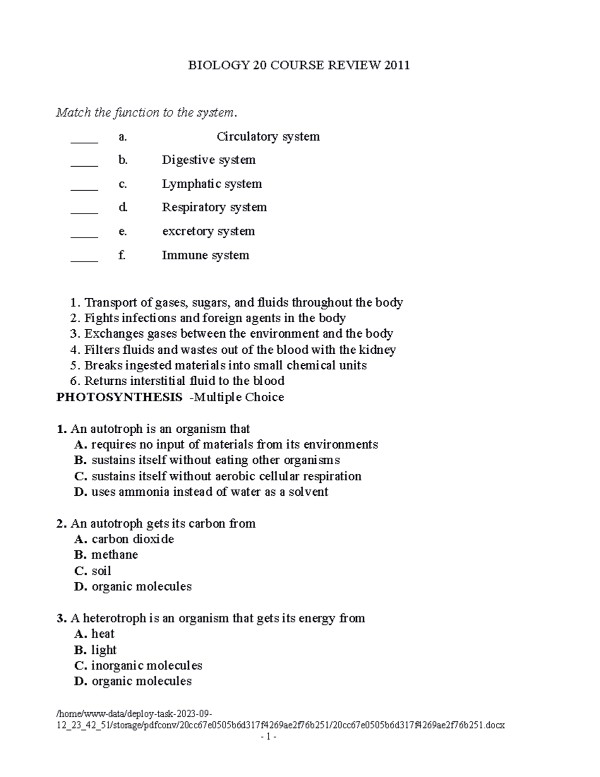Biol 20 Course Review 2012 - BIOLOGY 20 COURSE REVIEW 2011 Match the ...