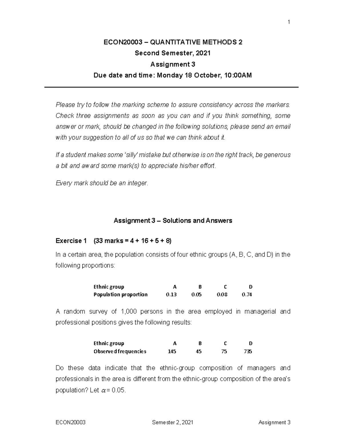 Assignment 3 Answers And Marking Guide Econ20003 Quantitative Methods 2 Second Semester