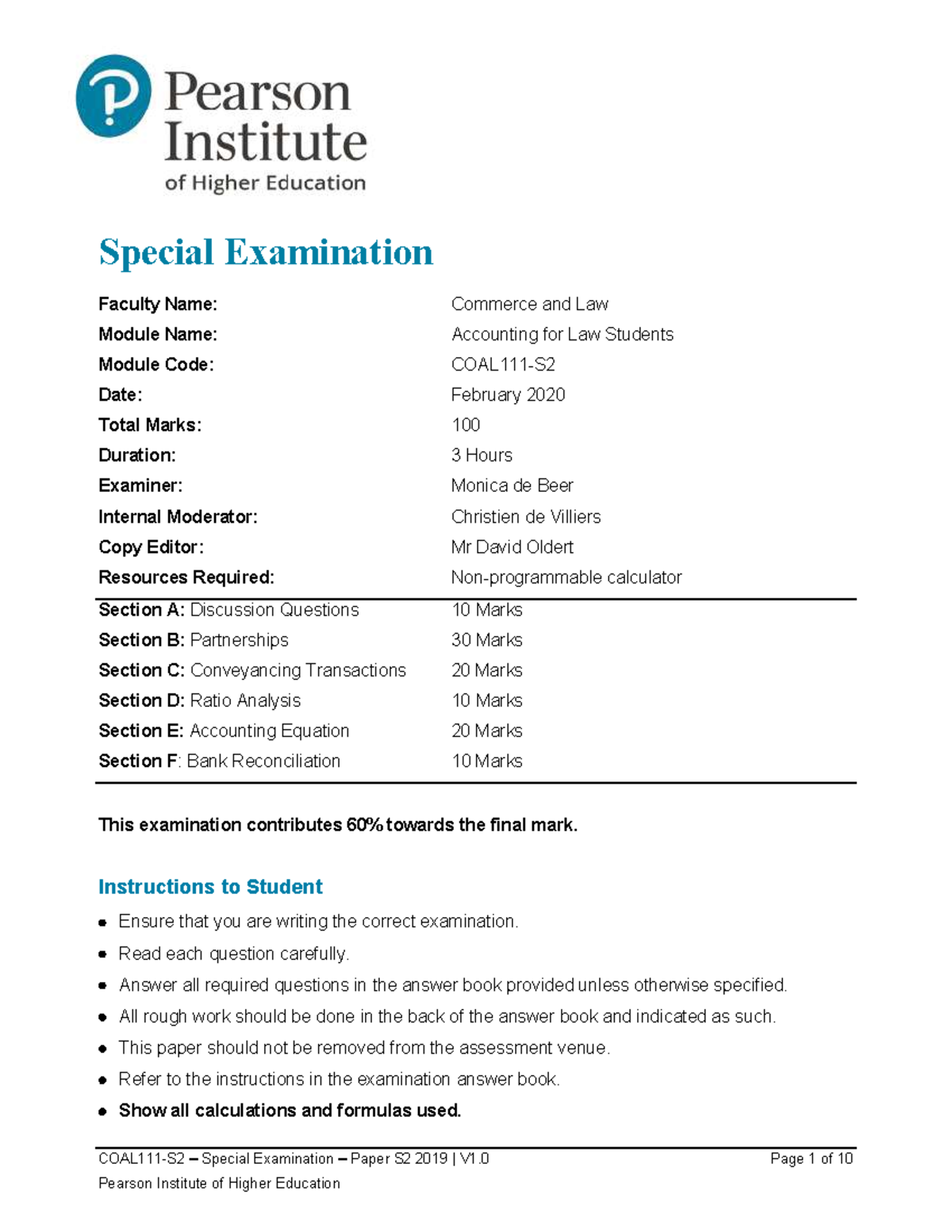 COAL111-S2 - Special Examination - Paper S2 2019 (V1.0) Final - COAL111 ...