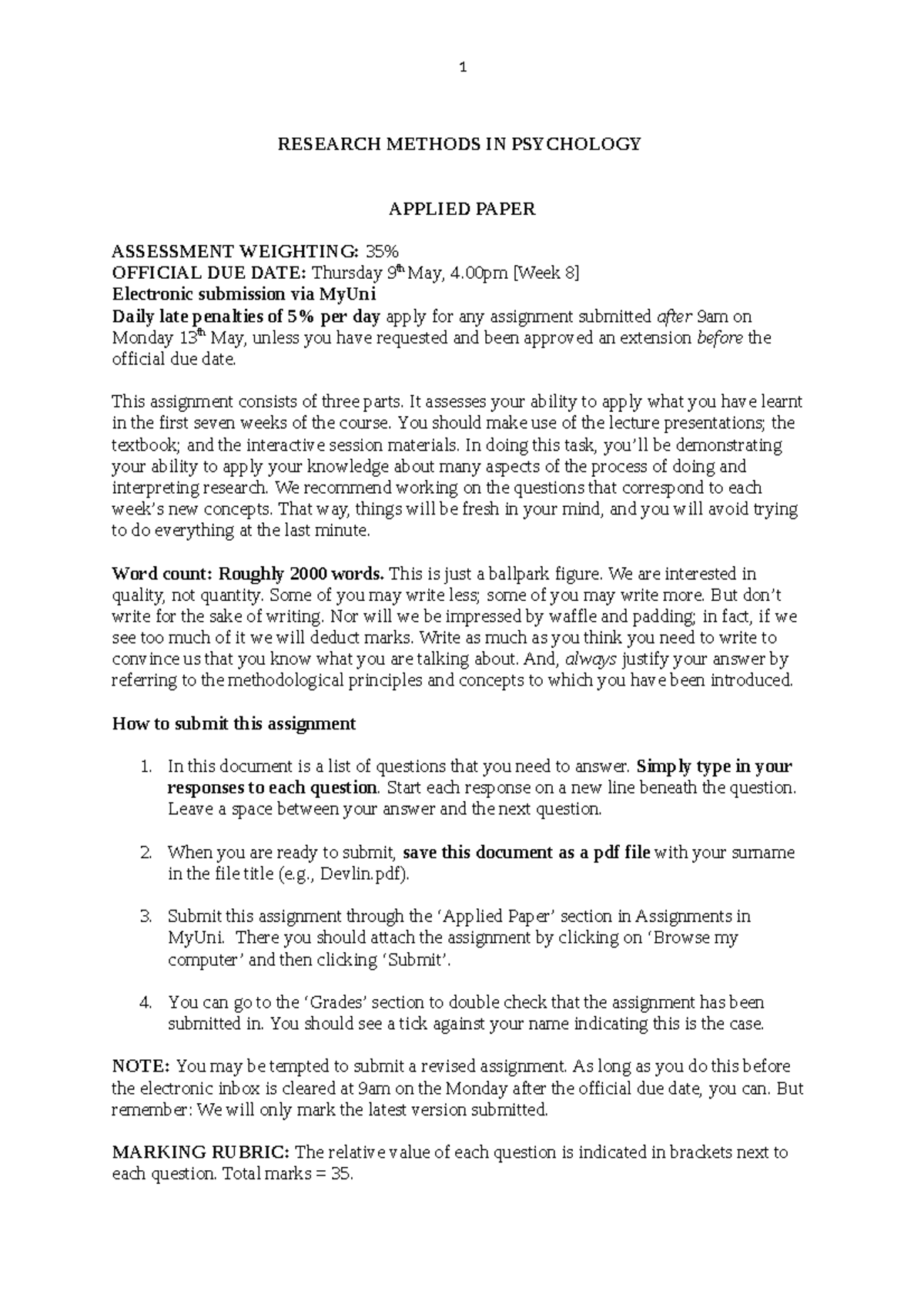 Applied paper final - notes - PSYCHOL 1004/ RESEARCH METHODS IN ...