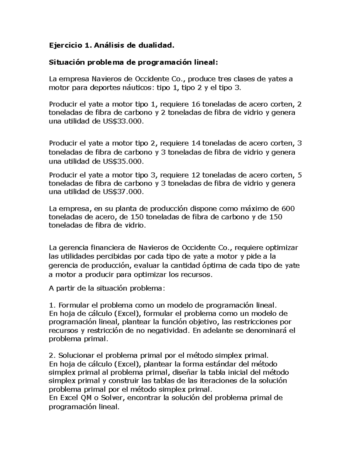 Trabajo - ejercicios prácticos - Ejercicio 1. Análisis de dualidad. Situación problema de - Studocu